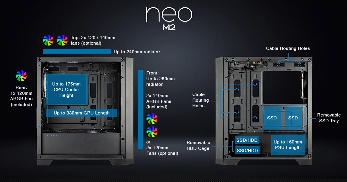 TECWARE NEO M2 OMNI TG ARGB M-ATX PC CASE - 3 ARGB FANS INCLUDED ...