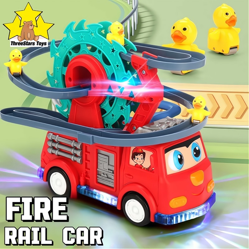 Fire Rail Car With Duck Climbing Stairs Track Toy With Music & Light ...