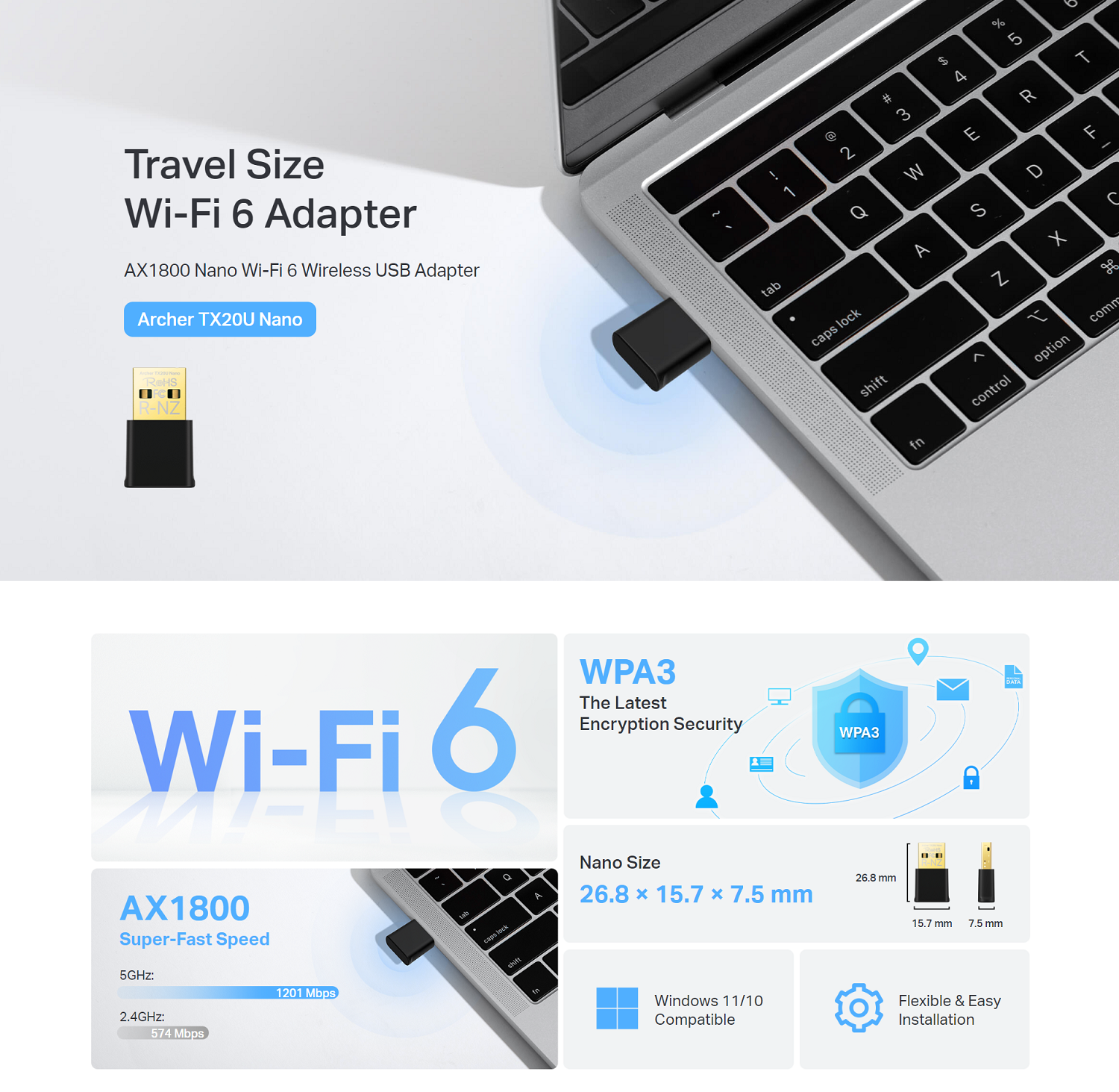 TP-LINK ARCHER TX20U NANO AX1800 NANO WI-FI 6 DUAL BAND WIRELESS USB ...