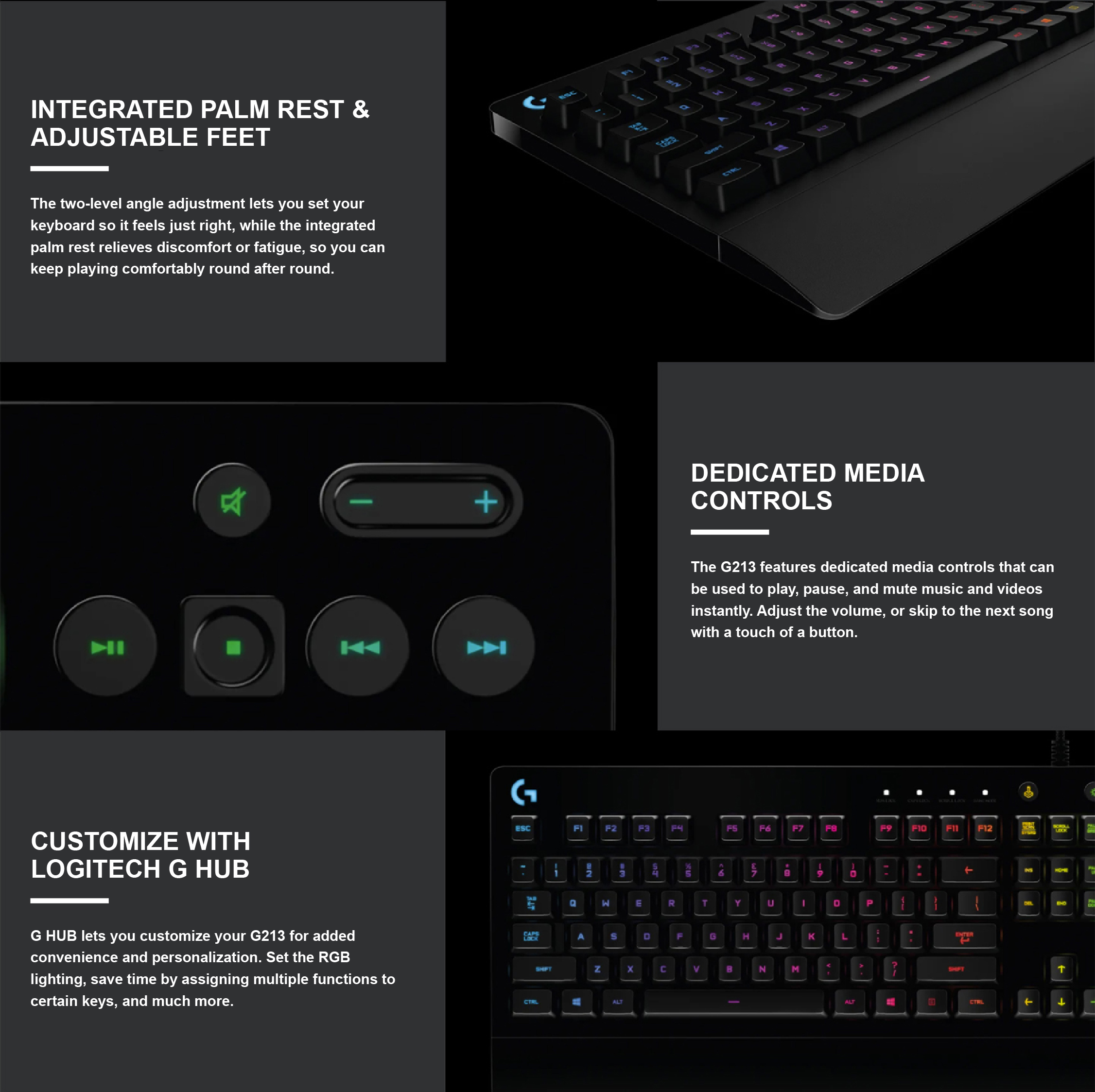 LOGITECH G213 Gaming Keyboard with LIGHTSYNC RGB, Onboard Media ...