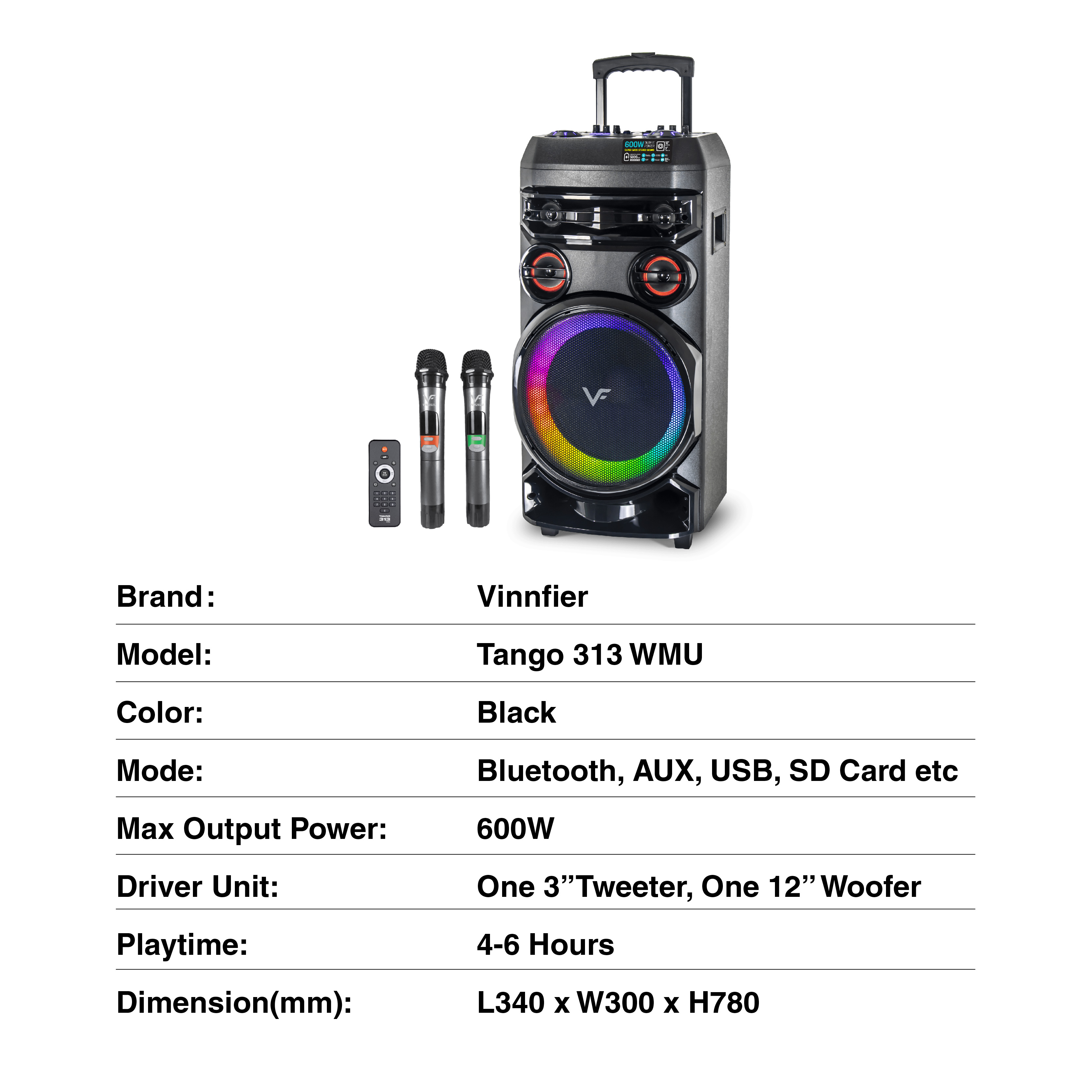 Vinnfier Tango 313 WMU MAX 600W Portable Trolley Karaoke Speaker Free 2 UHF Wireless Mic with ...
