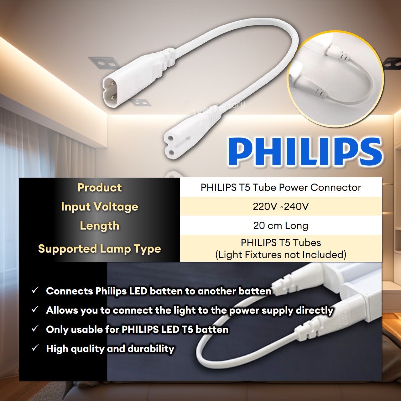 PHILIPS LED T5 20cm Long Tube Power Connector for Philips LED T5 batten ...