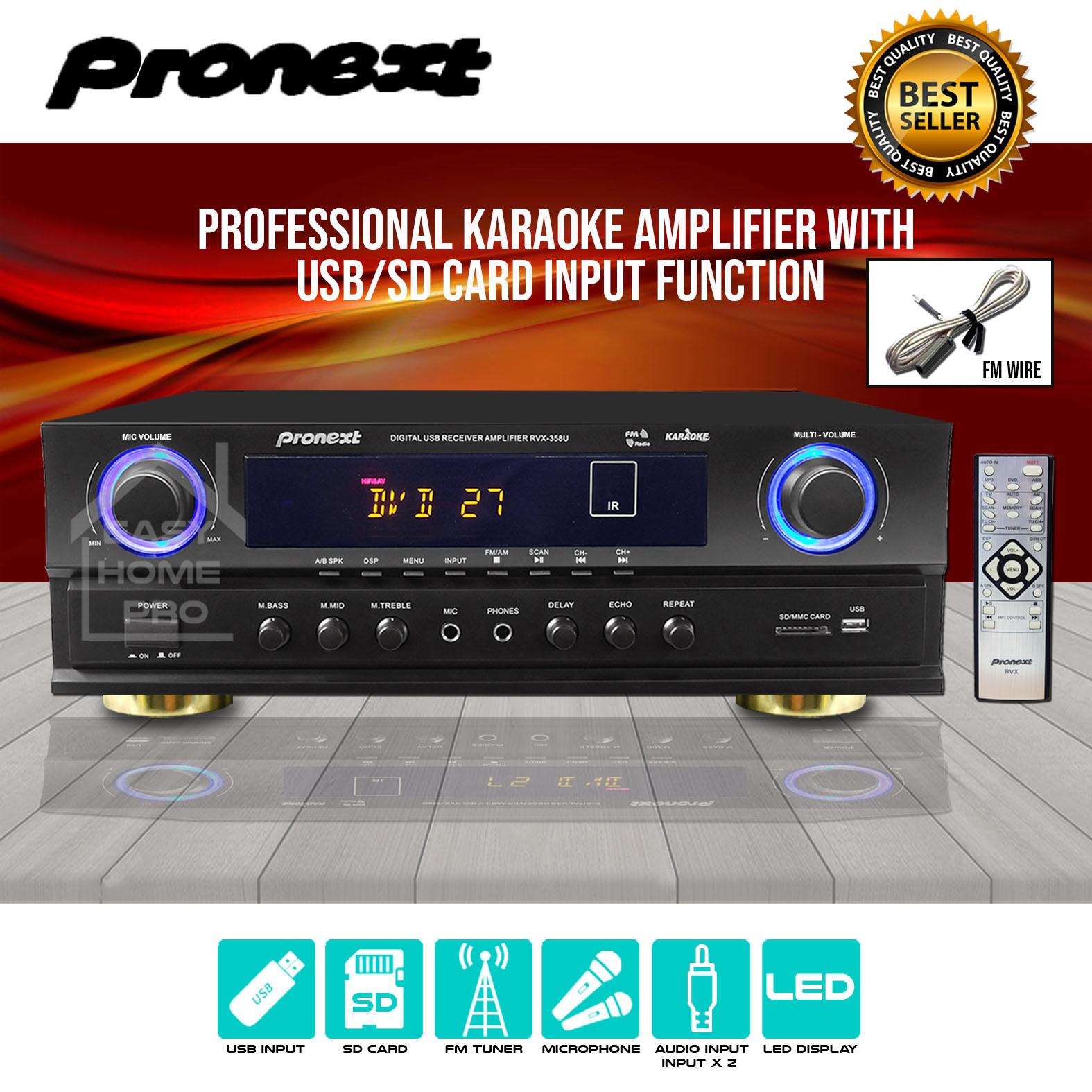 PRONEXT RVX-358U Power Amplifier Karaoke Amp Ampli Home Theater Receiver with Support USB SD ...
