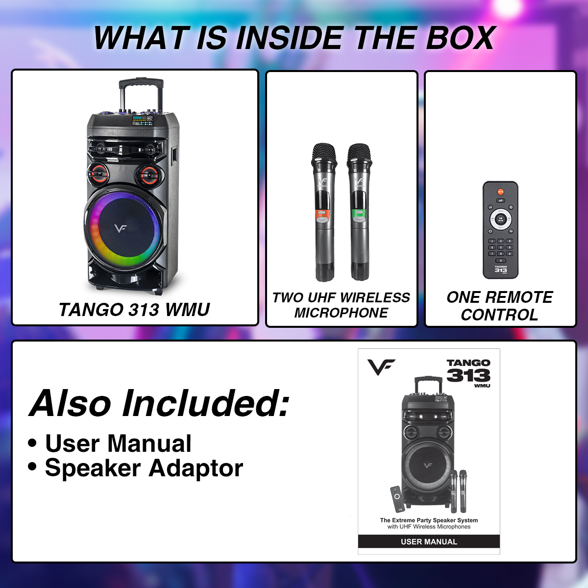 Vinnfier Tango 313 WMU MAX 600W Portable Trolley Karaoke Speaker Free 2 UHF Wireless Mic with ...