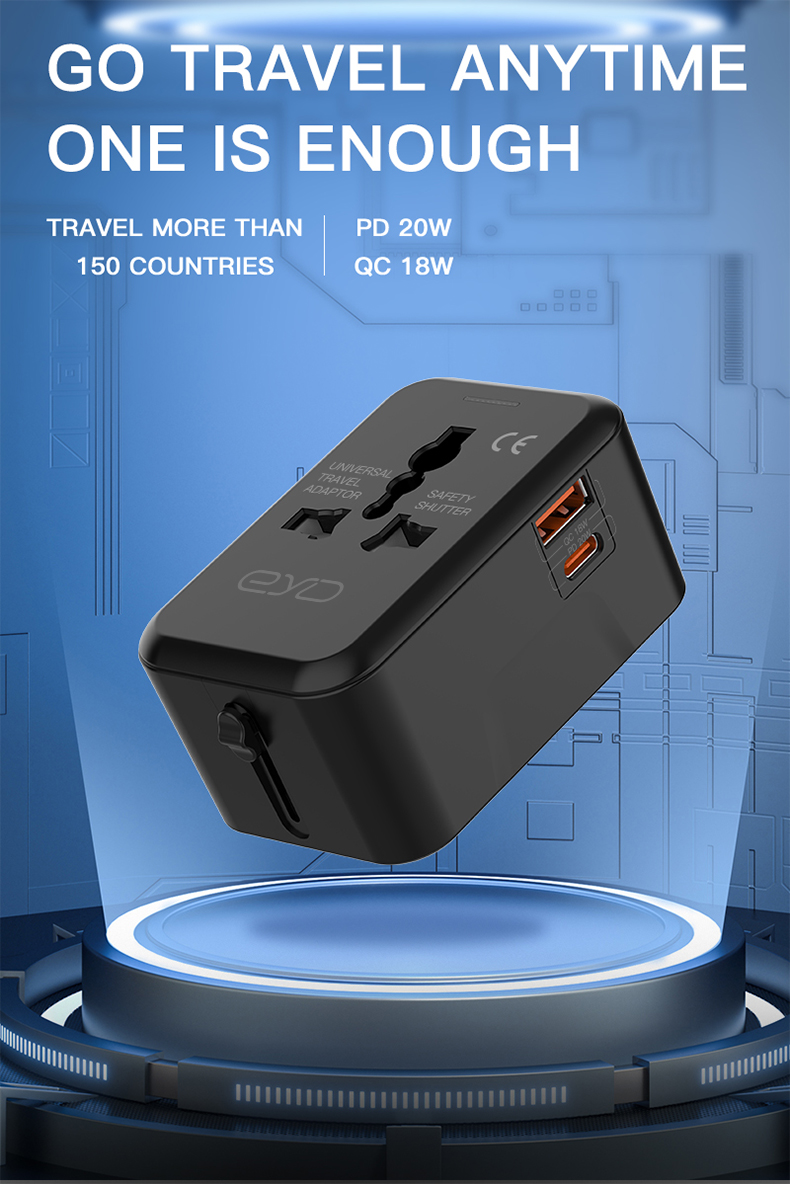 EYD SN220 Universal Adapter Travel USB QC3.0 Type C PD20W International ...