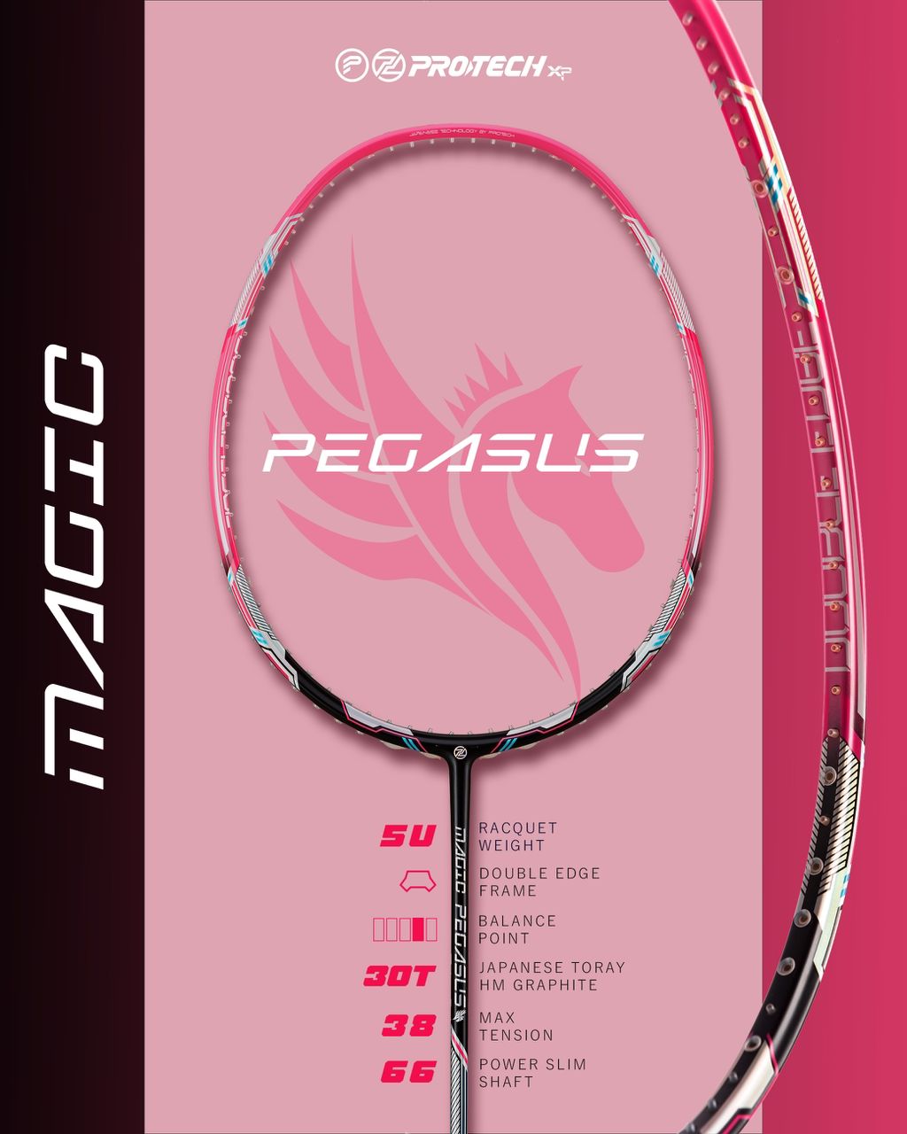 PROTECH Badminton Racket - Magic PEGASUS (5UG1)(MAX 38LBS)(FREE String ...