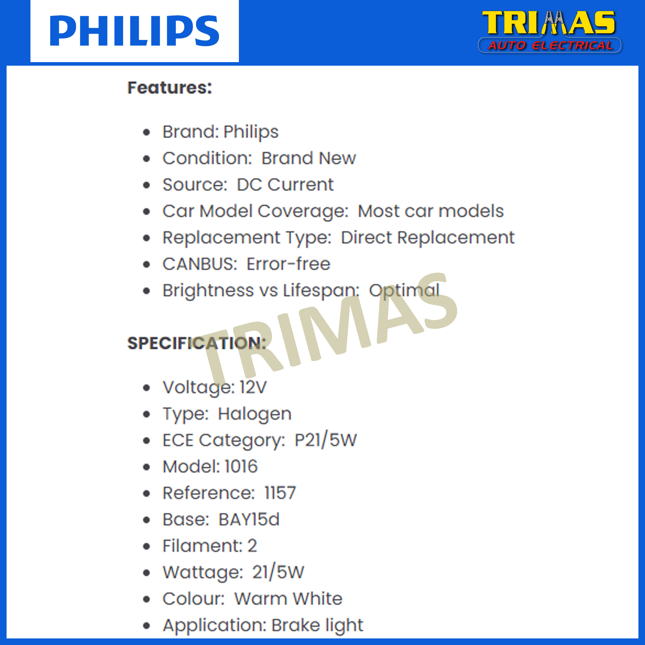 12499CP Philips Premium Brake Light Corner Bulb P21/5W (1PC) | Shopee ...