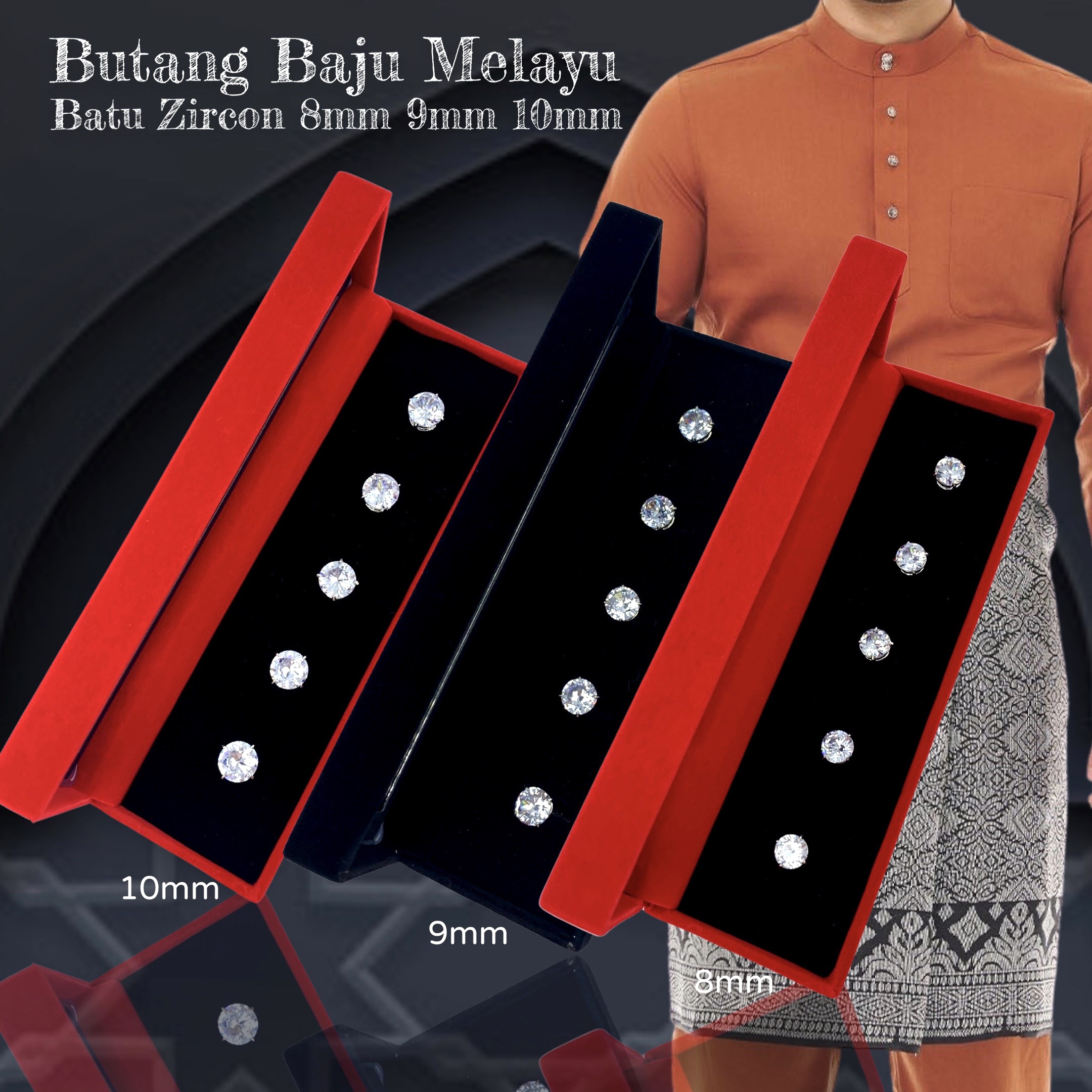 Butang Baju Melayu Set (5 pcs) Zircon Stone 8mm 9mm 10mm FREE Velvet ...