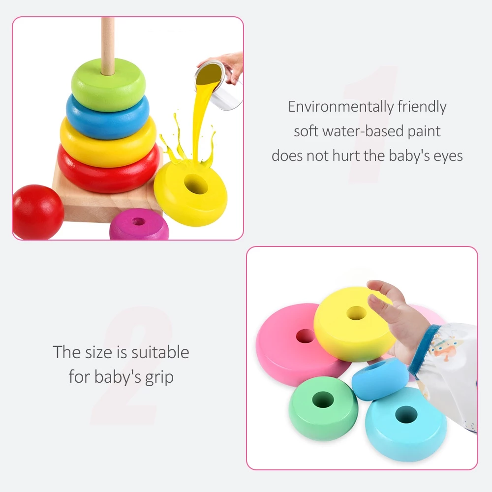 Stacking Rings Toy Wooden Rainbow Stacker Toddler Learning Toys for 18 ...