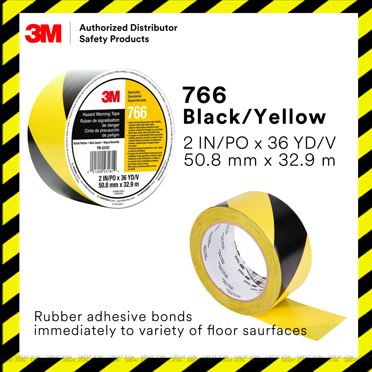 [Sell by Case 24 Rolls] 3M Vinyl Tape 766 Black & Yellow Stripe Hazard ...