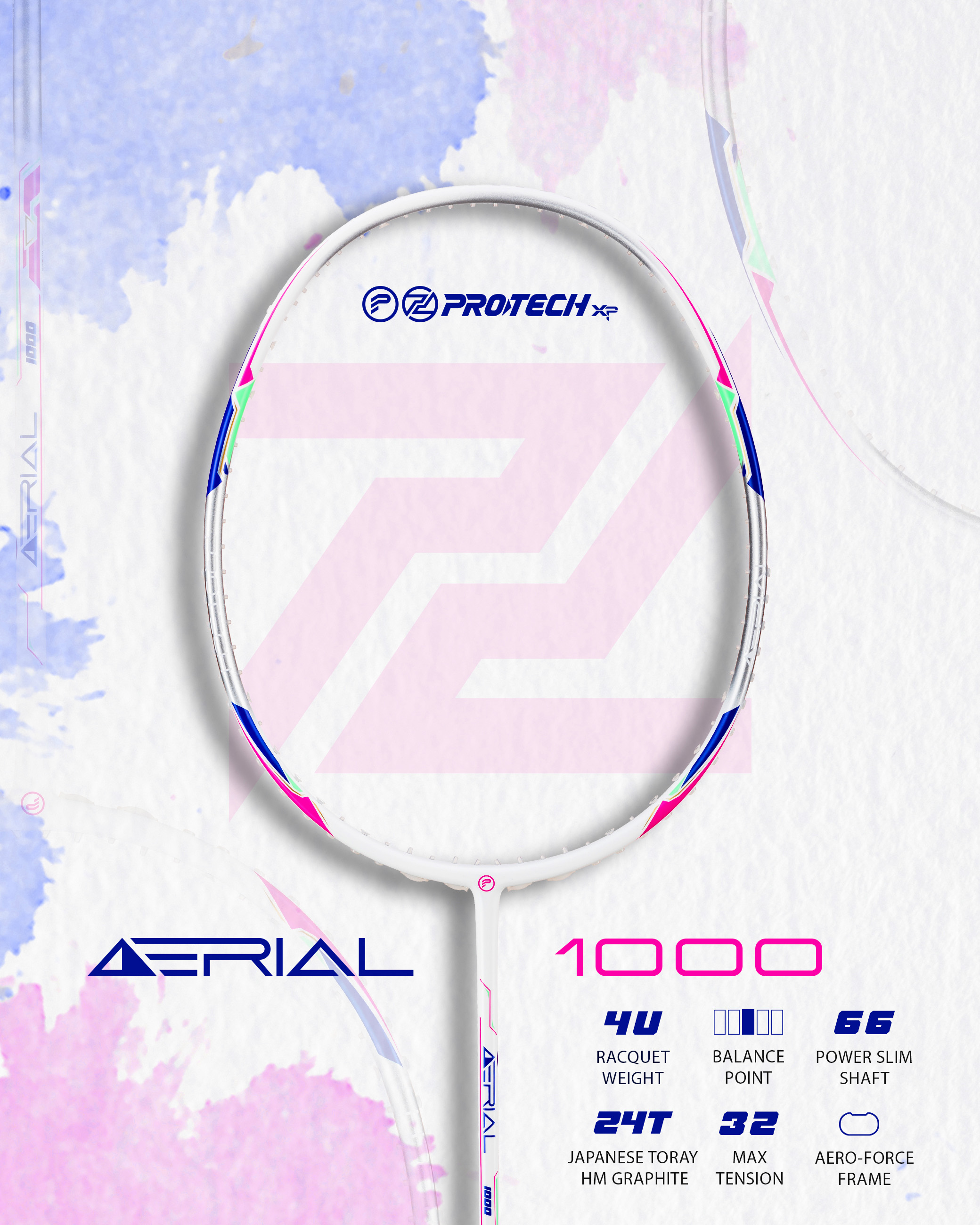 PROTECH Badminton Racket - Aerial 1000 (4UG1)(MAX 32LBS)(FREE String ...