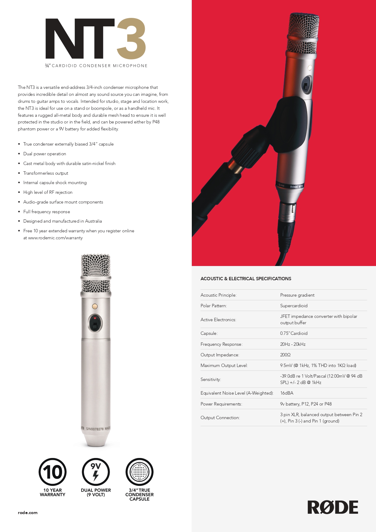 RODE NT3 3/4 INCH CARDOID CONDENSER MICROPHONE WITH INTRENAL CAPSULE SHOCK MOUNTING AND ALL ...