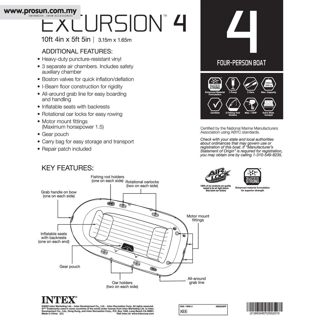 Prosun Intex Excursion™ 4 Inflatable Boat Set For 4 Person Recreational ...