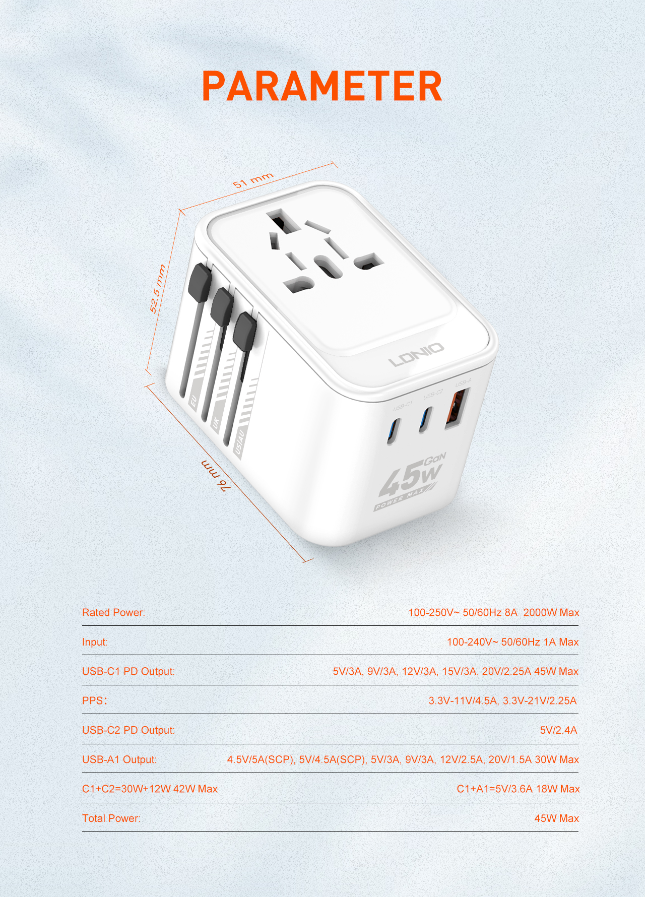 LDNIO Z8 GaN 45W Universal Adapter Wall Power Travel Adaptor Multi Plug Universal Travel Charger ...