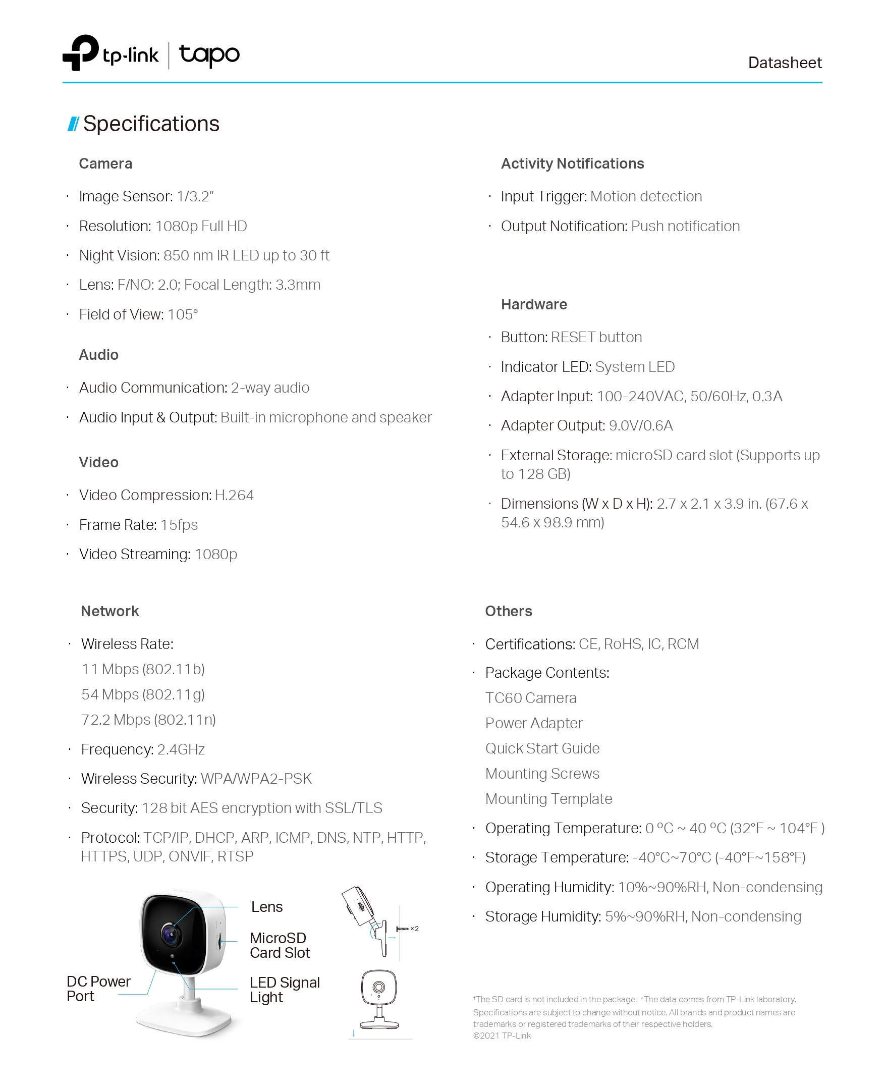 TP-LINK TC60 / TAPO C100 / TAPO C110 / TAPO C120 INDOOR SECURITY WI-FI CAMERA WIFI HOME SECURITY ...