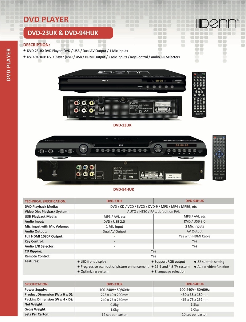 DENN DVD-94HUK KARAOKE DVD PLAYER (WITH MIC INPUT & KEY CONTROL) FREE ...