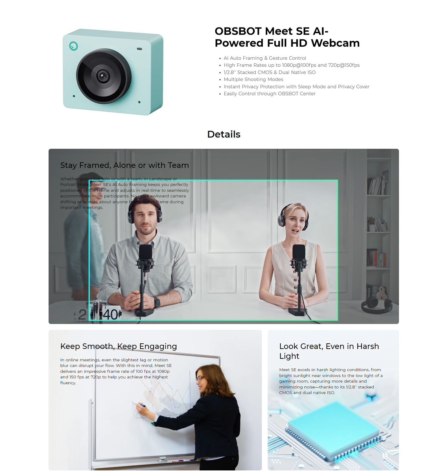 OBSBOT MEET SE AI-POWERED FULL HD 1080P WEBCAM WITH 1/2.8'' CMOS, BUILT ...