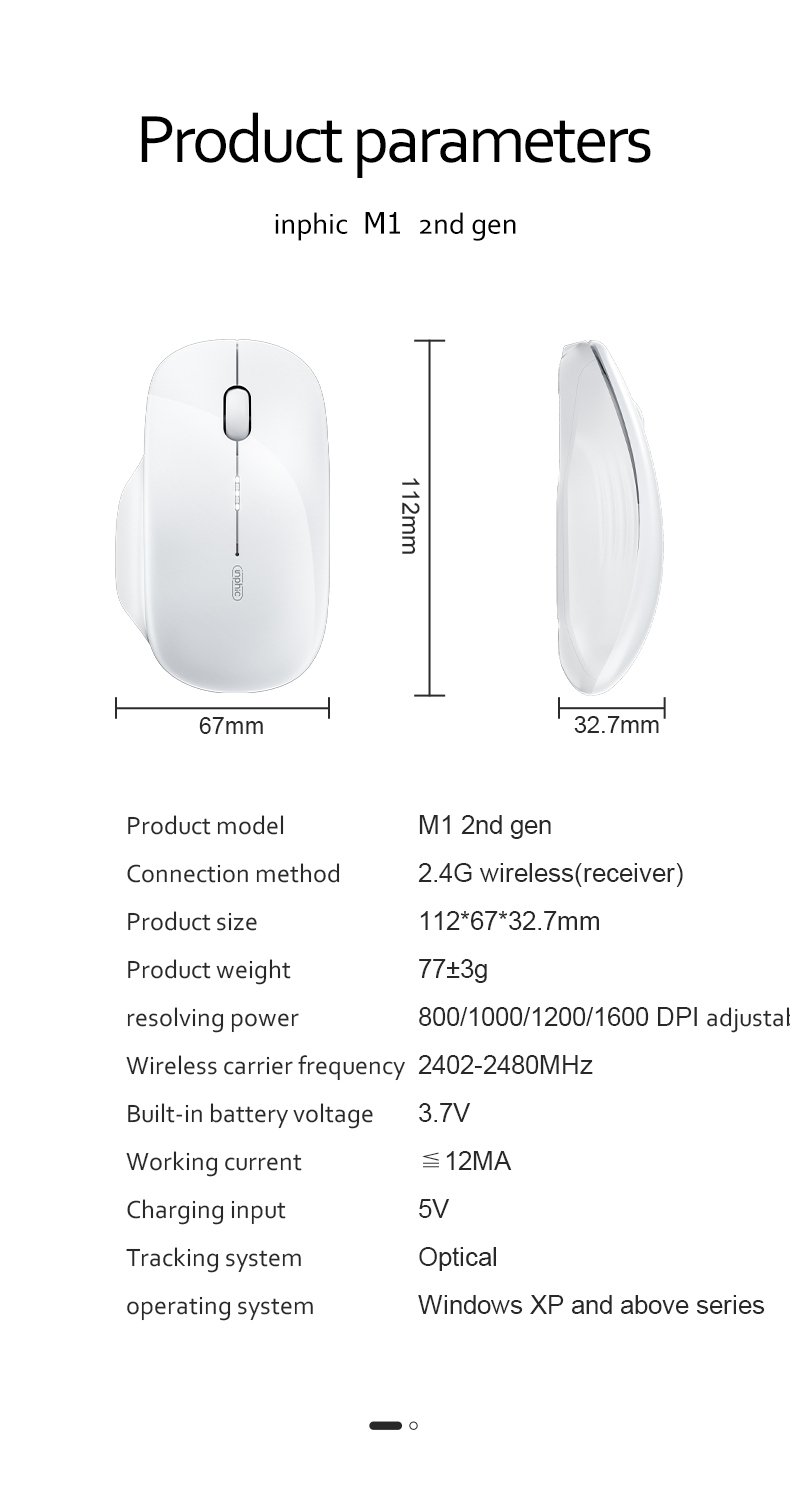 Inphic M1 Wireless Mouse Rechargeable 2.4GHz Silent Mouse Ergonomic ...