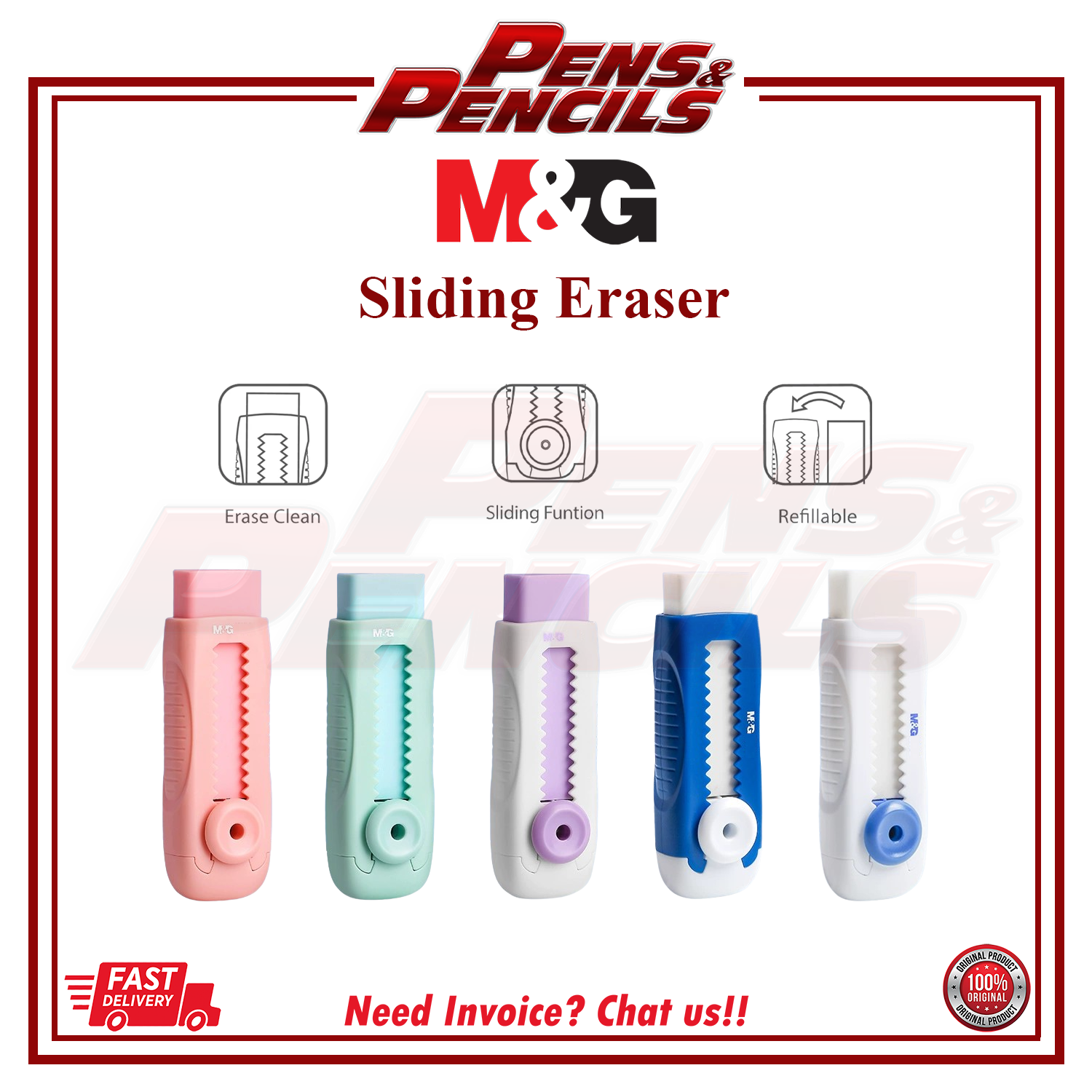 M&G Sliding Eraser Retractable Push-Pull PVC Non-Toxic Eraser / Pemadam ...