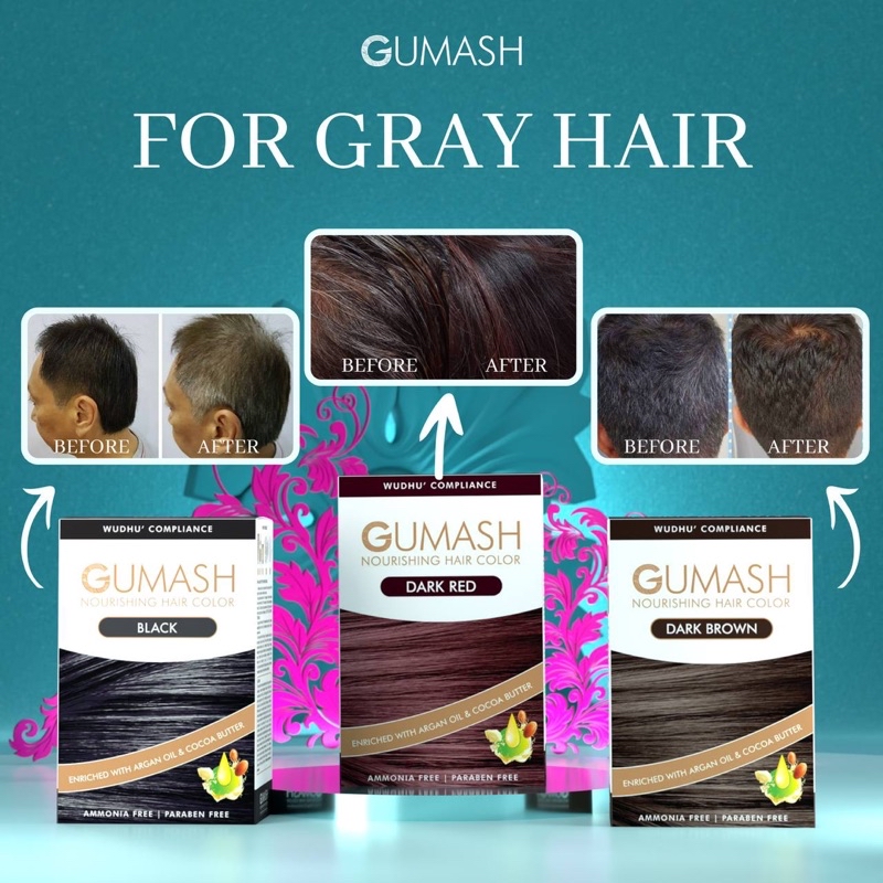 GUMASH Hair Color Halal Hair Dye Telap Air Sah Sholat Beautiful Color Cover Gray Hair Soft ...