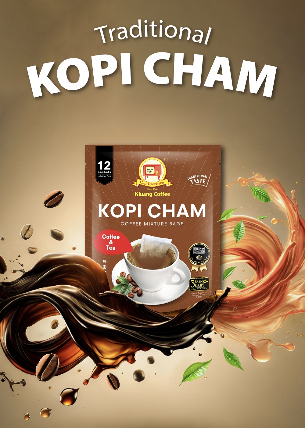 Kluang Coffee Cap Television Coffee Cham Tea (12 individual bags x 2 ...