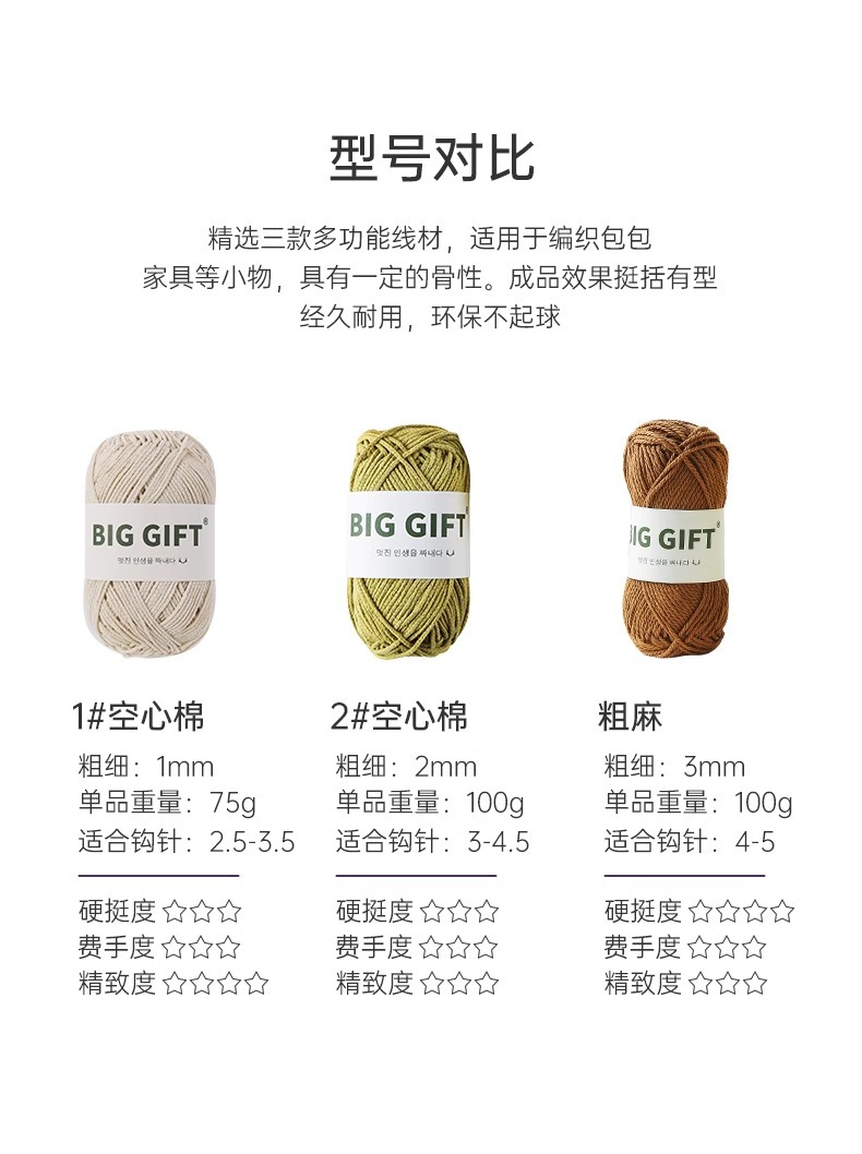 2mm Organic Hollow Yarn BIG 2号空心棉 2mm空心绳 DIY Crochet Cotton Yarn Benang ...