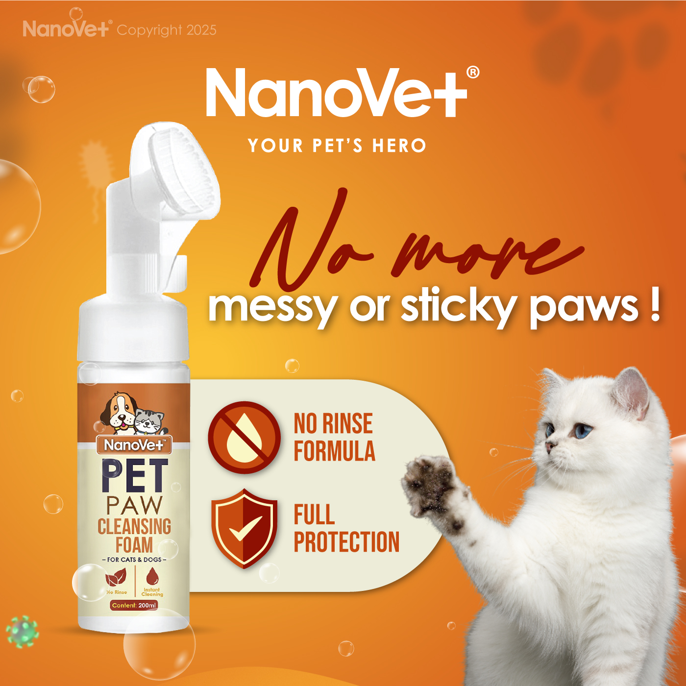 Nanovet Pet Paw Cleansing Foam 200ml – No-Rinse Cleaner for Cats & Dogs ...