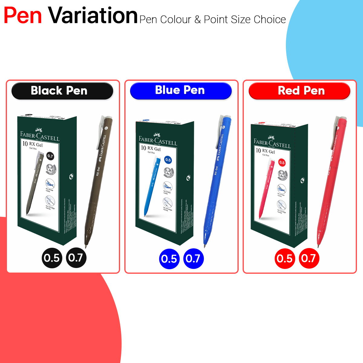 Faber Castell Pen RX Gel Pen Hitam Pen Merah Pen Biru 0.5 0.7 (10/Box) Black Pen Blue Pen ...