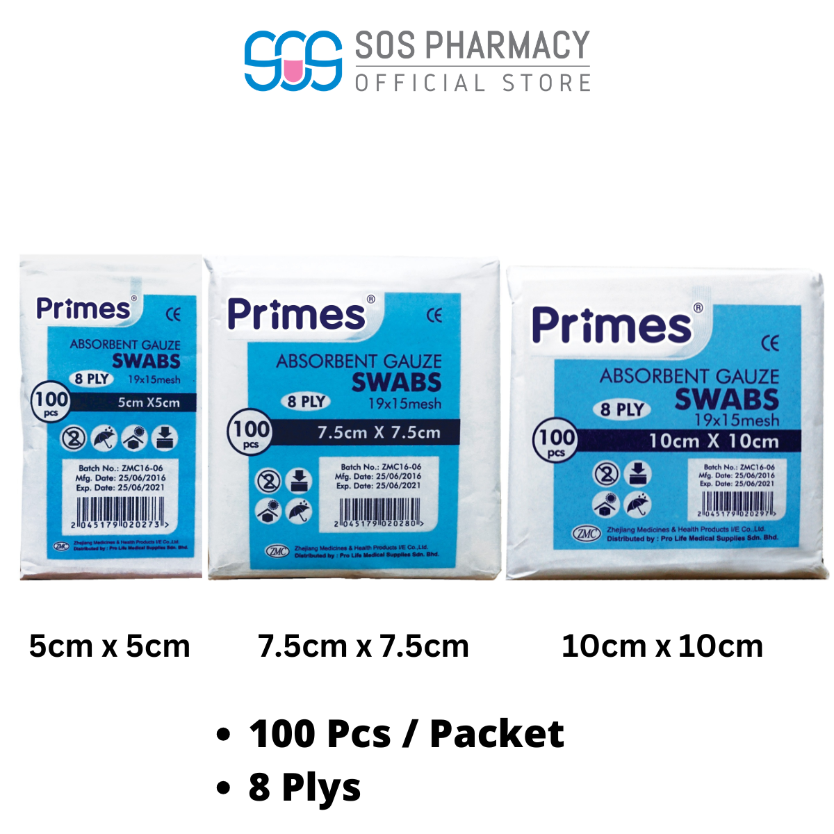 Primes Absorbent Gauze Swabs 8PLY – 100 PCS/PACK ( 5CM / 7.5CM / 10CM ...