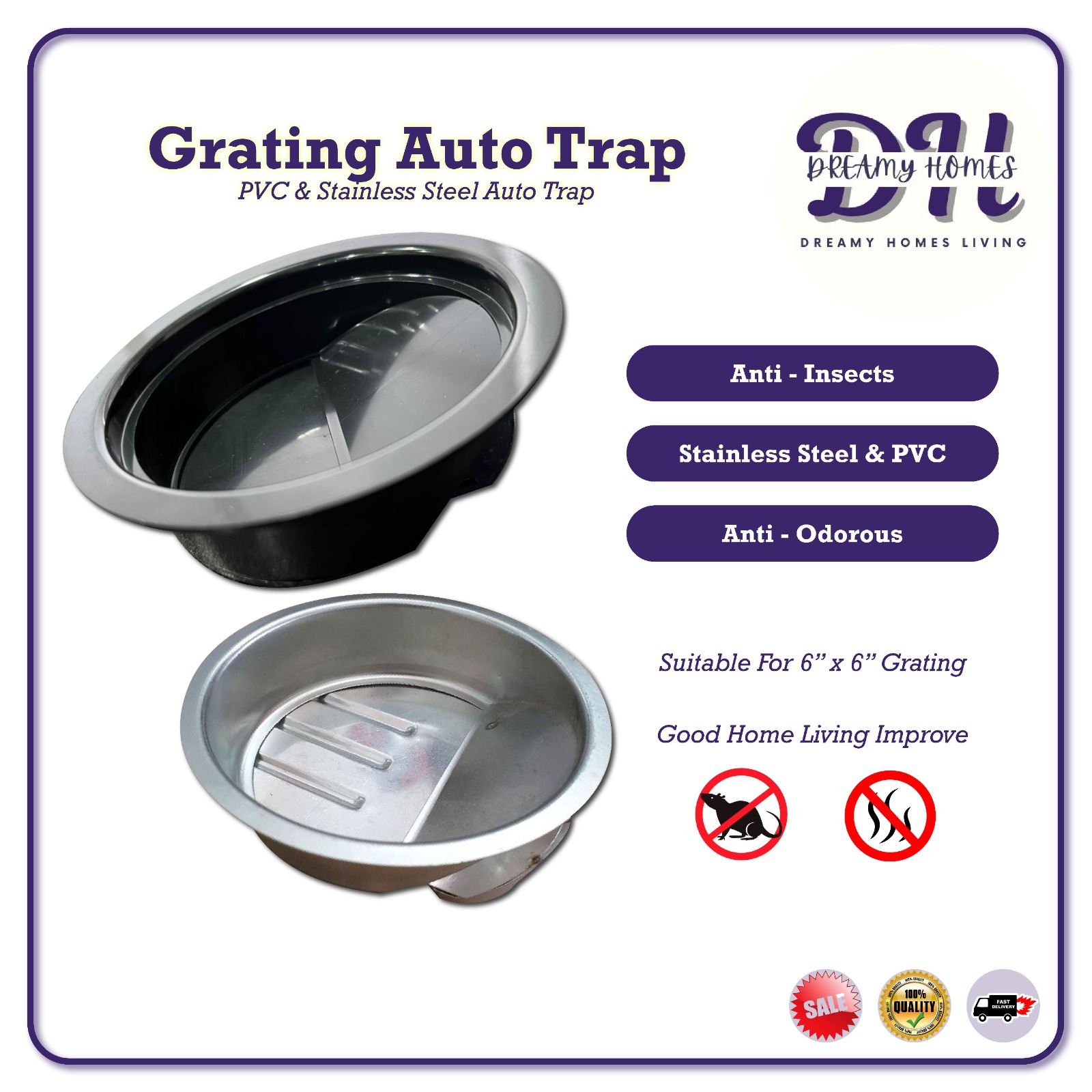DREAMY HOMES 6'' Anti Odor Insect Cockroach Drain Floor Grating PVC ...