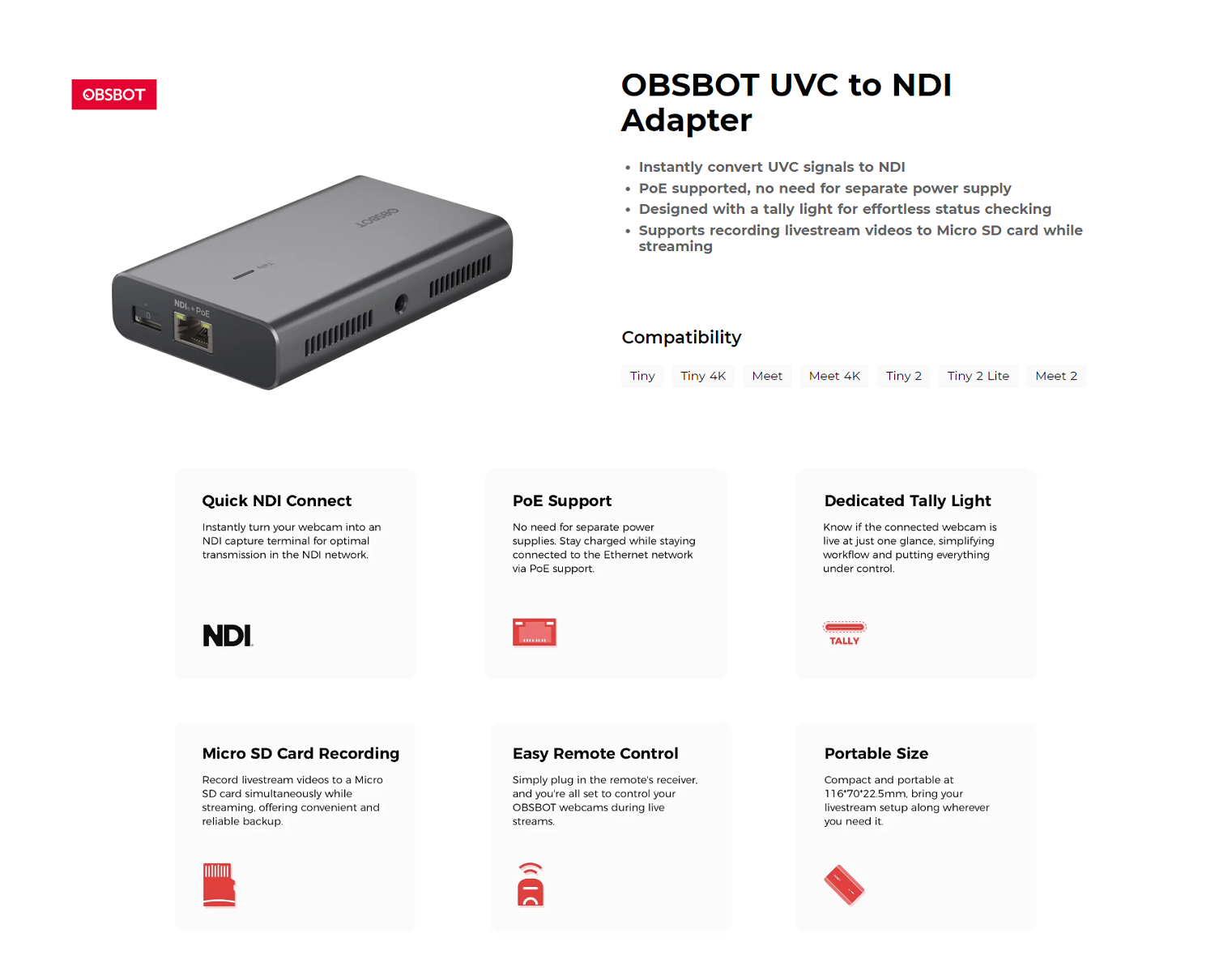 OBSBOT UVC TO NDI ADAPTER WITH DEDICATED TALLY LIGHT, POE SUPPORT, EASY ...