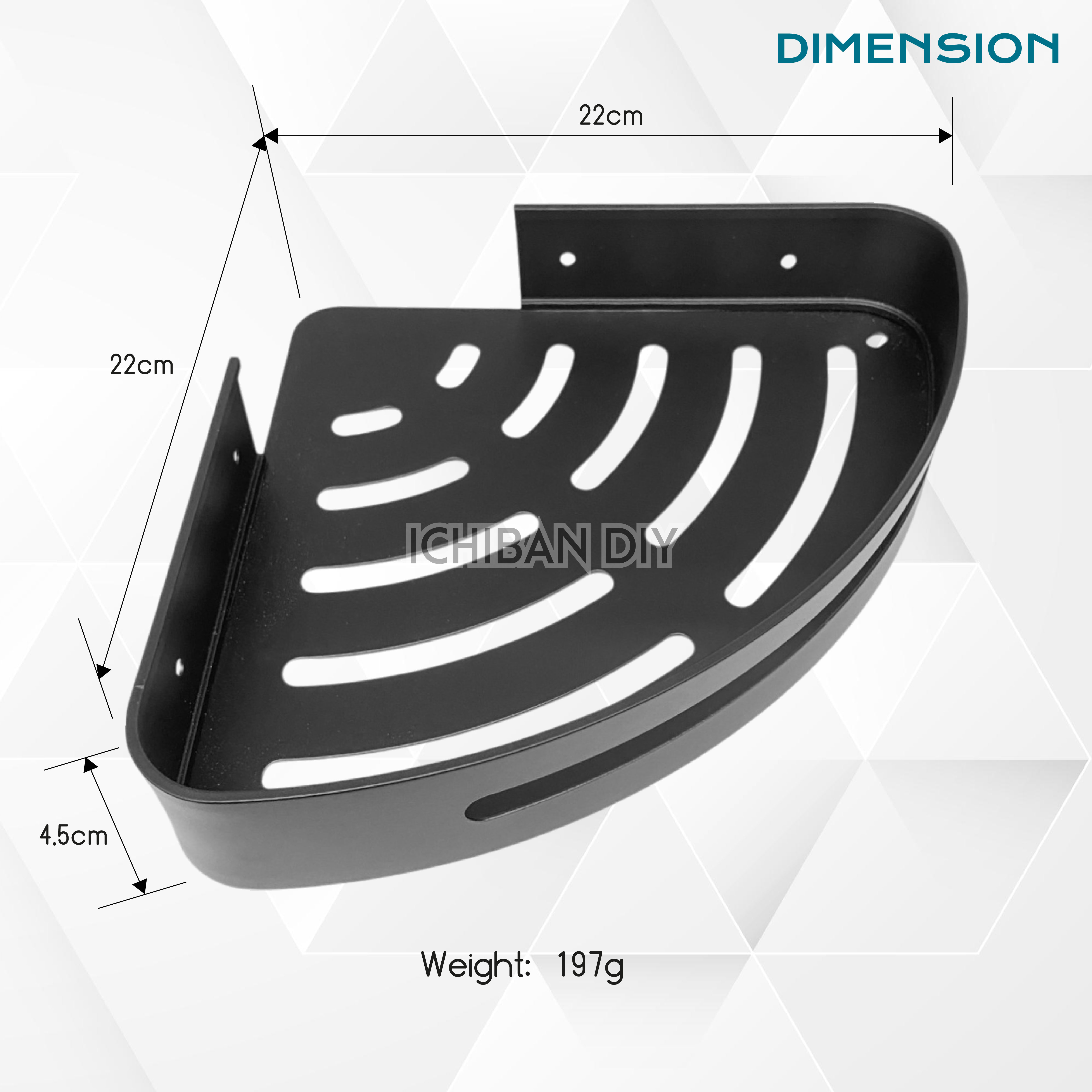 Bathroom Corner Shelf Aluminium Wall Mounted Screw 22cm Black Rack Rak ...