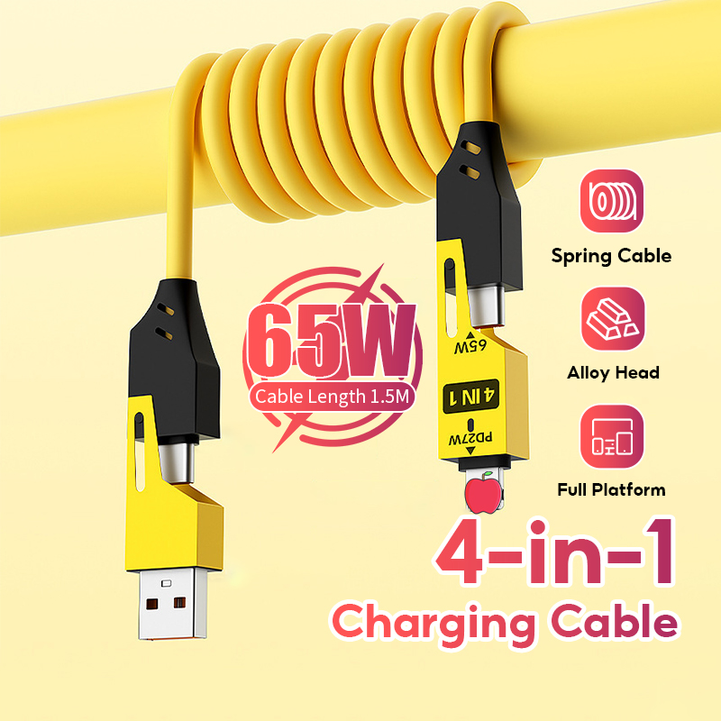 ⚡4 in 1 Coiled Spring Retractable Cable1.5M USB Vehicle Data Cable 65W ...