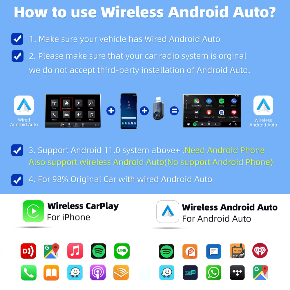 LIGHT UP CAR WireLess Car Play Adapter Plug And Play Android Auto ...