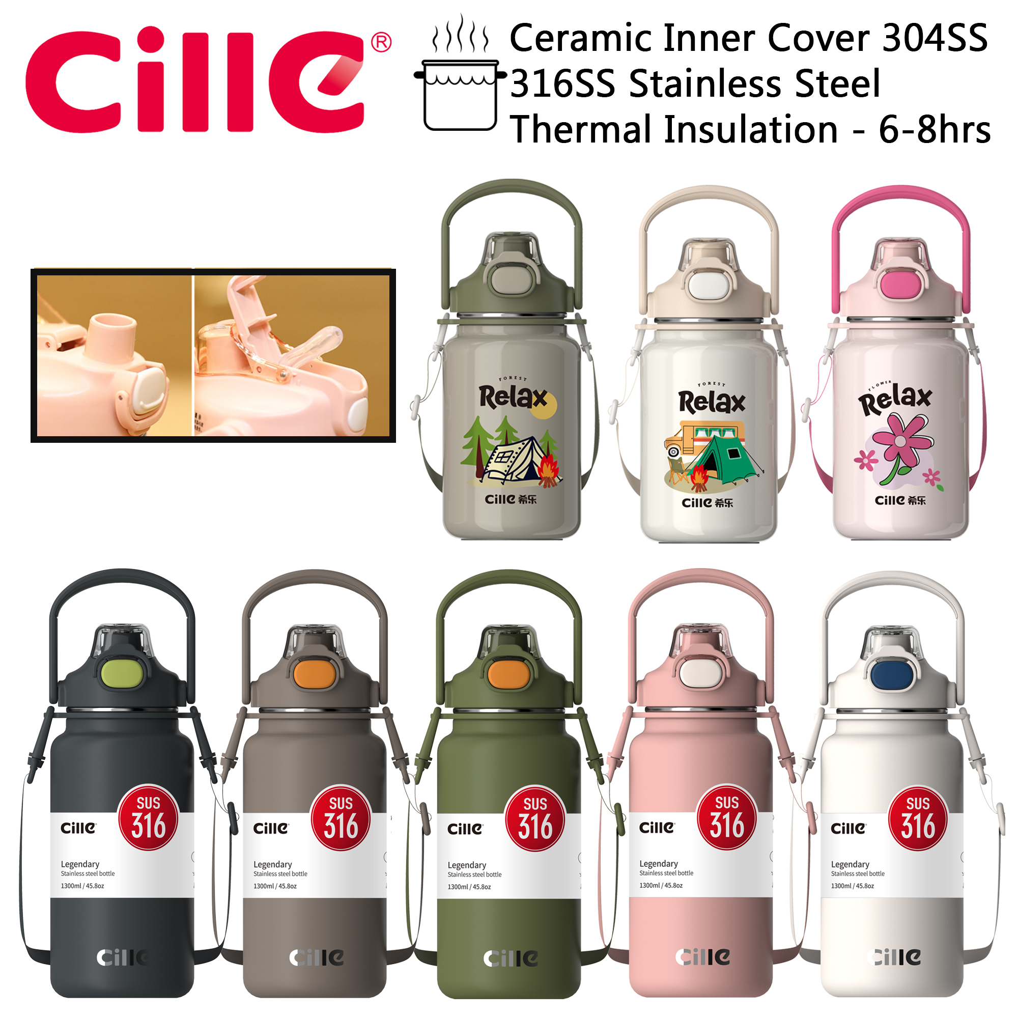 Cille 1L/1.3L/1.6L Dual Head 316SS/Ceramic Liner 304SS Stainless Steel Vacuum Flask Thermos ...