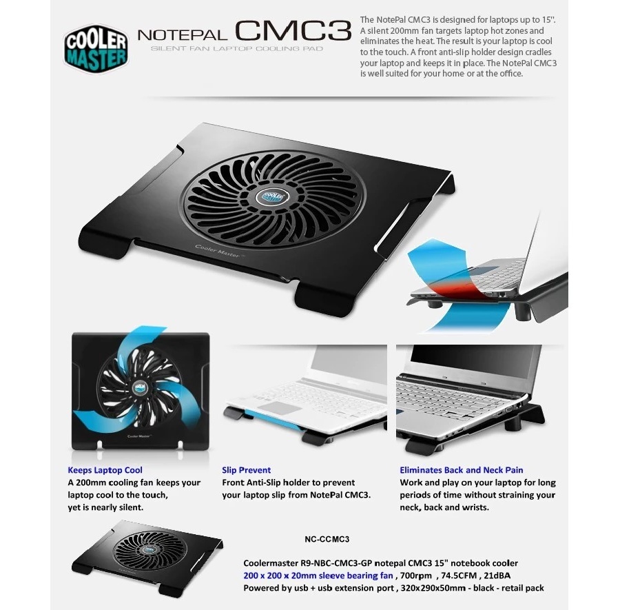 Cooler Master NotePal C3 CMC3 Notebook Laptop Cooler with 200mm Fan UP ...