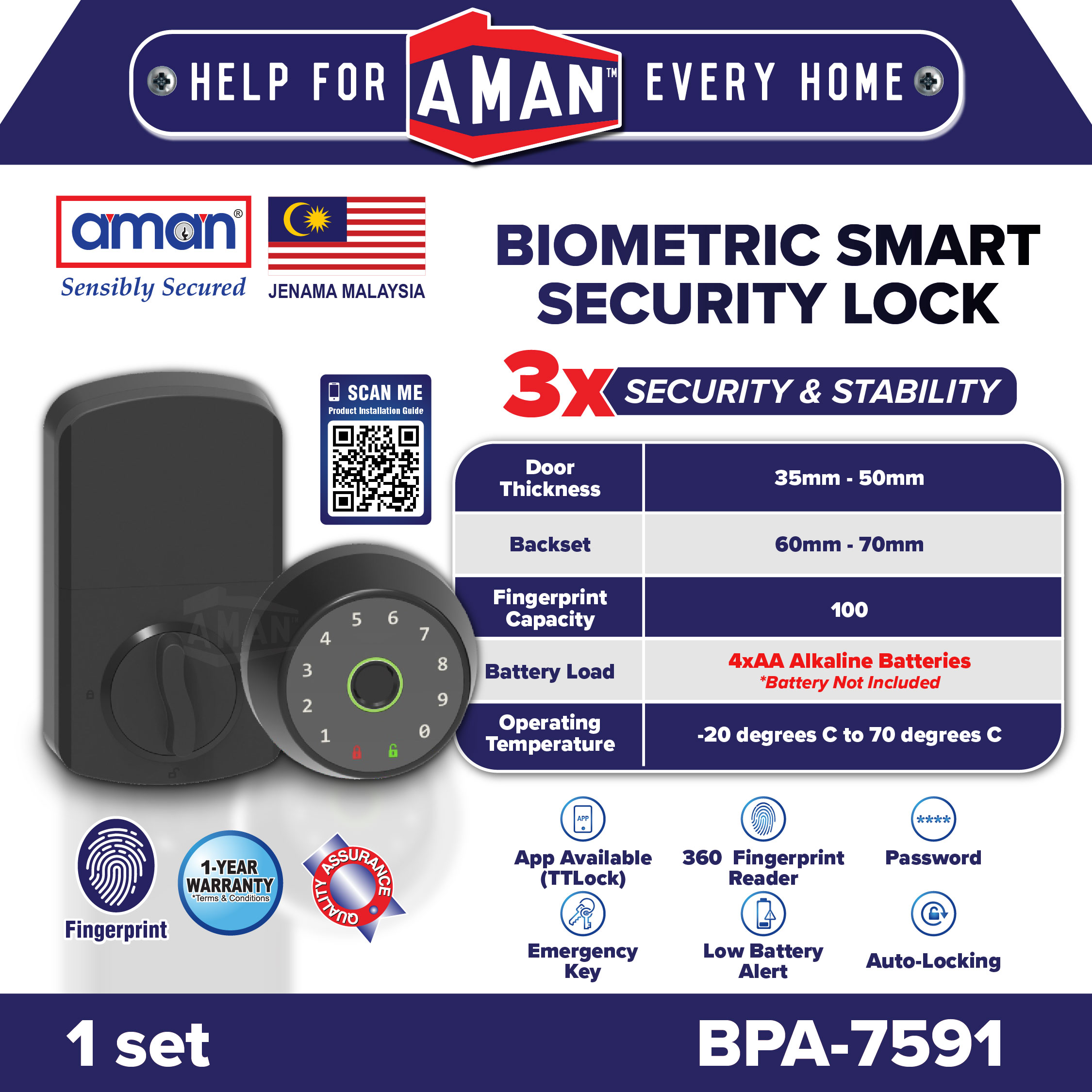 AMAN 4 in 1 Smart Fingerprint Door Lock Password App Digital Keyboard ...