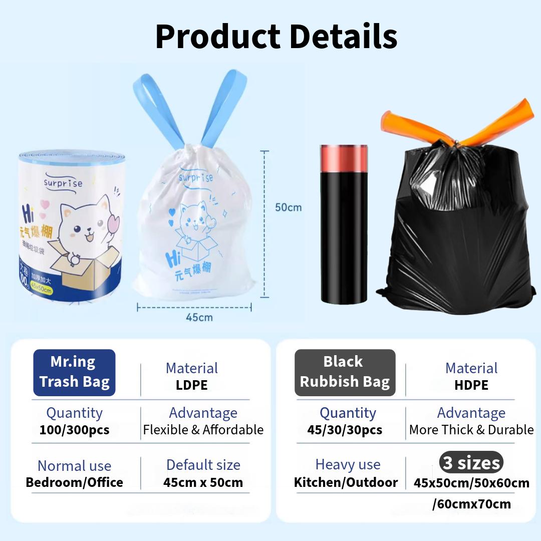 Mr.Ing Drawstring Plastic Trash Bag Thick Garbage Bag (75pcs) 45cmx50cm ...