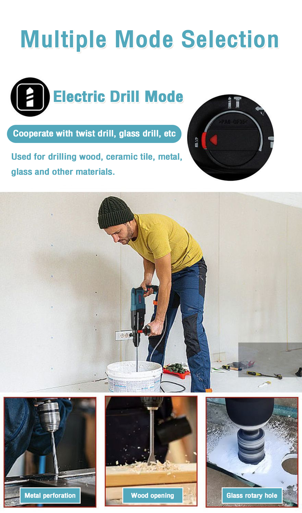 1300W 3 Mode Rotary Hammer Drill Electric Demolition Hammer Drill ...