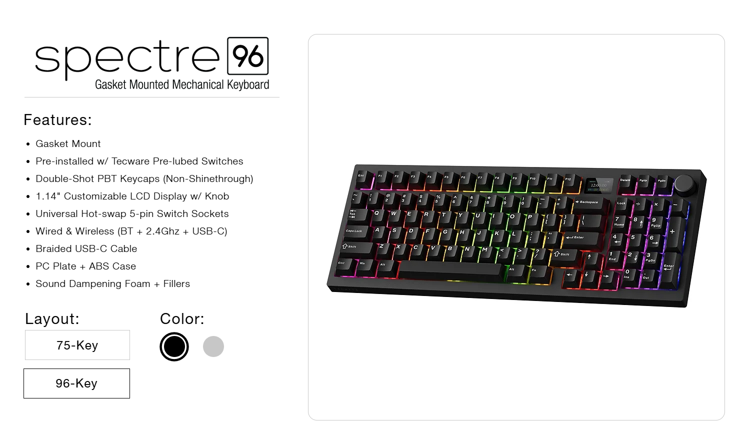 Tecware Spectre 75/96 Gasket Mounted Mechanical Keyboard - Black/White ...