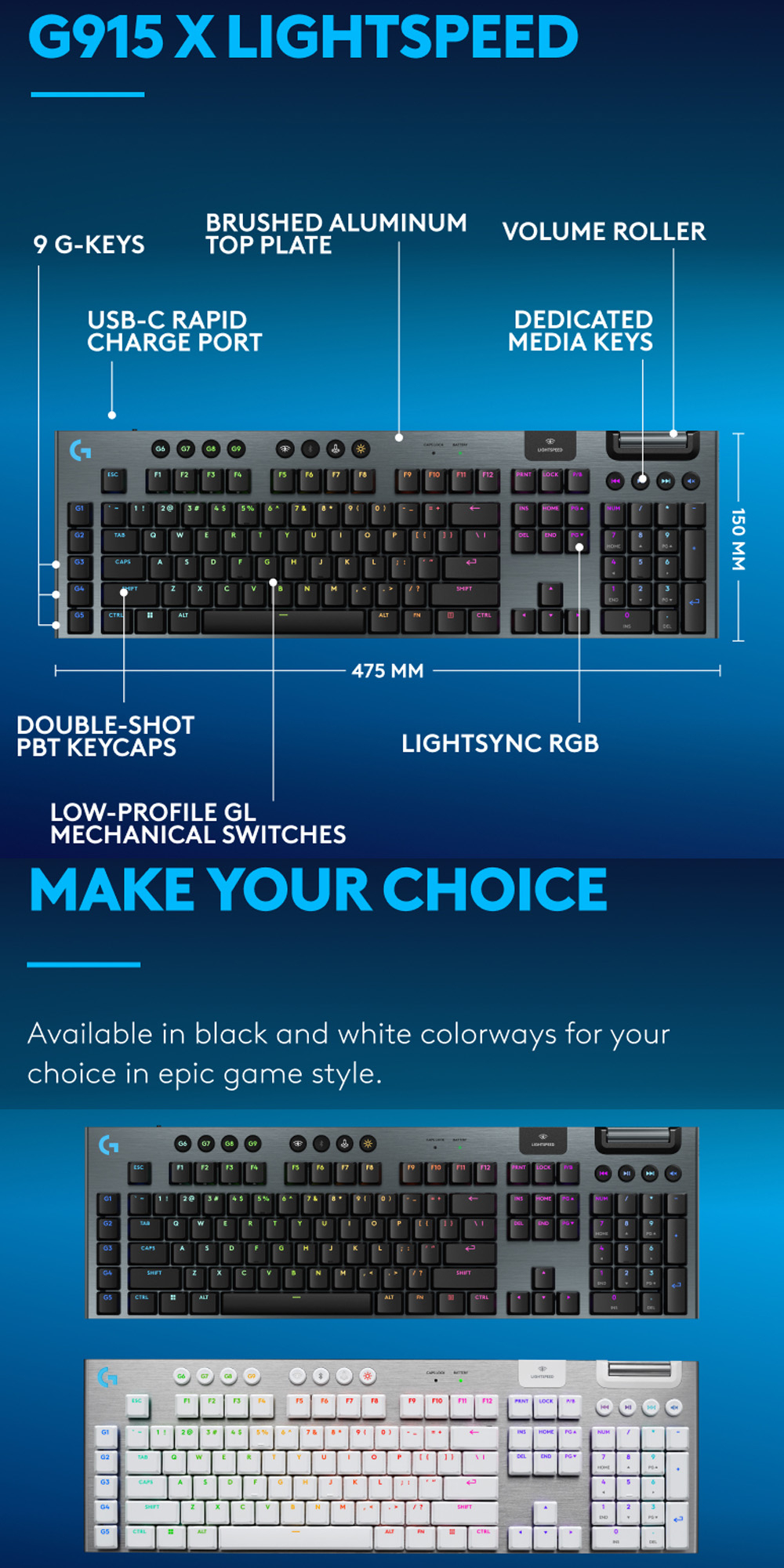 Logitech G915 X LIGHTSPEED Low-Profile Wireless Gaming Keyboard, Double-Shot PBT Keycaps, Fully ...