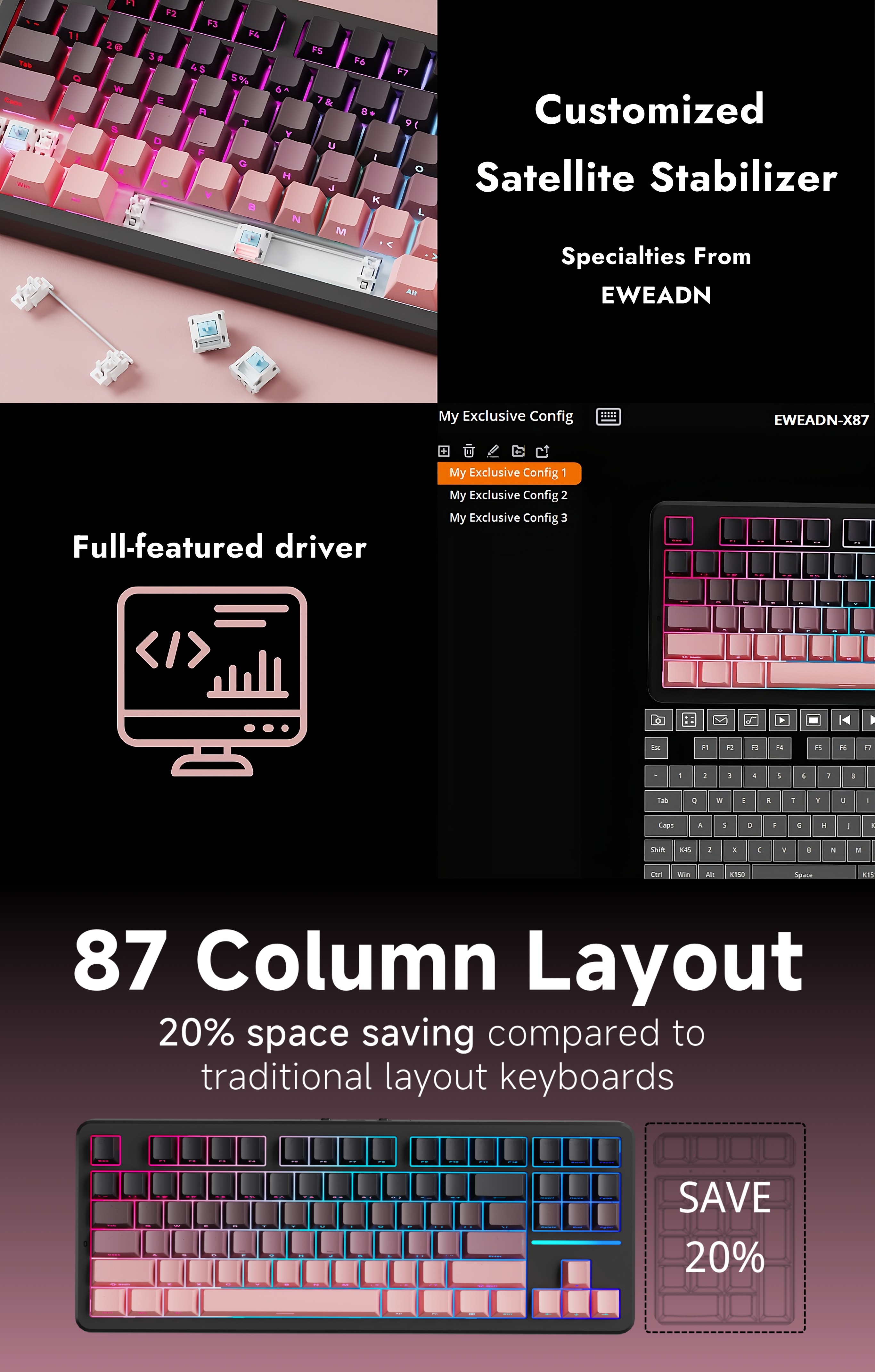 EWEADN X87 87 Keys Wireless Mechanical Keyboard 10000mAh Tri-Mode RGB Hot-Swap 2.4G/BT/Wired ...