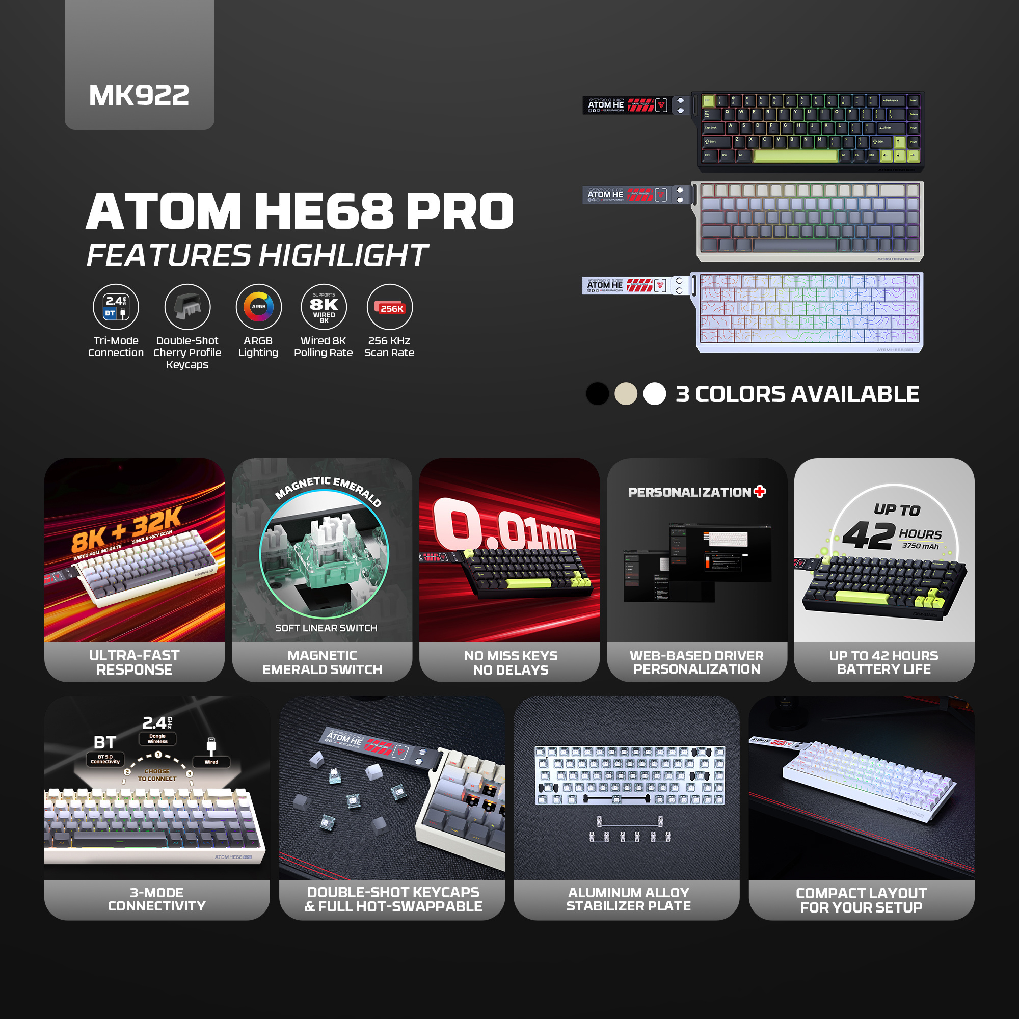 [NEW] Fantech MK922 ATOM HE68 PRO Wireless Magnetic Switch Keyboard Hot ...