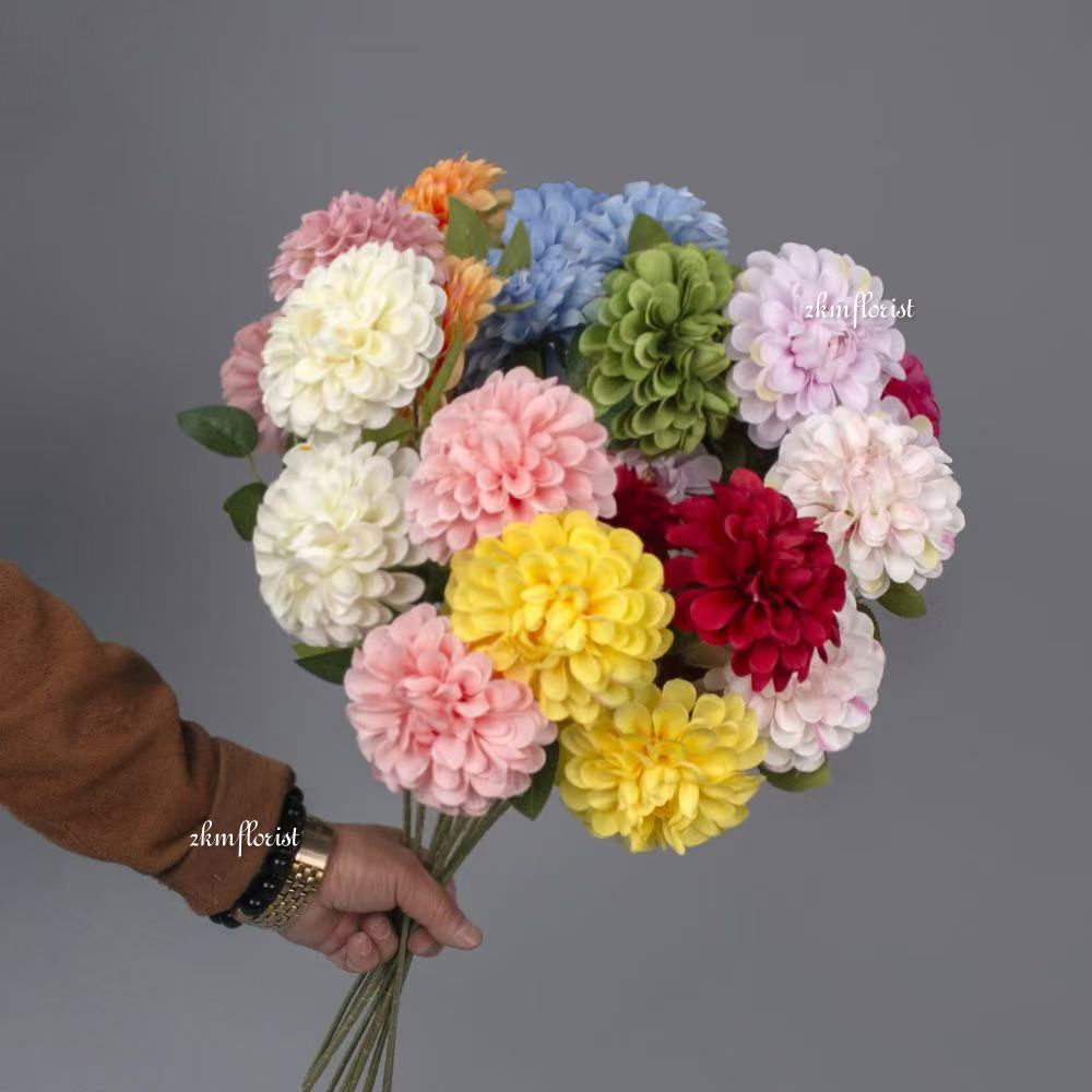 (3 HEADS) BALL DAHLIA ARTIFICIAL Chrysanthemum Daisy Bellis Pompom Ping ...