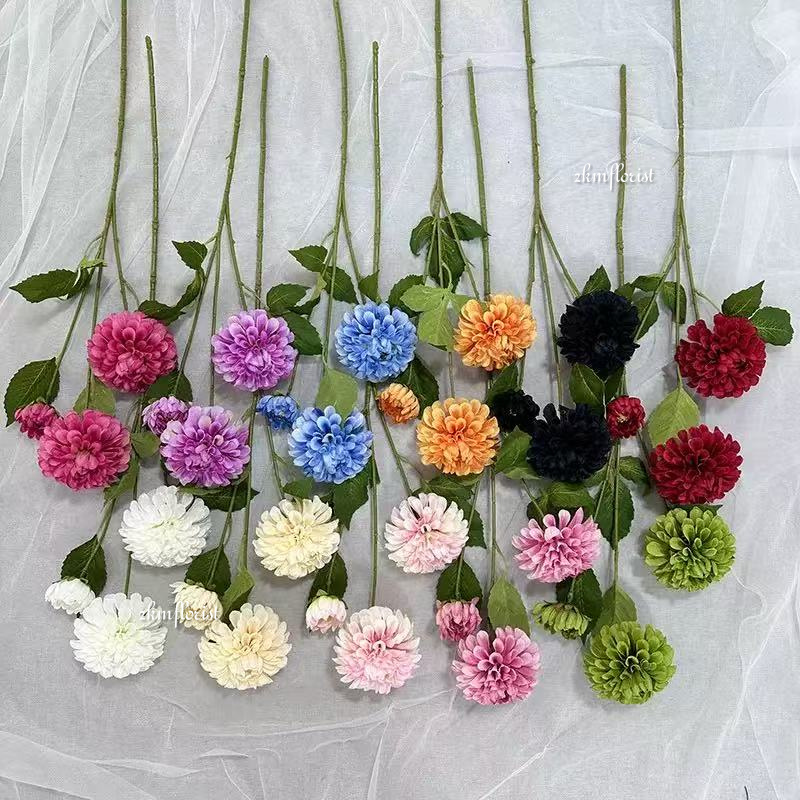 (3 HEADS) BALL DAHLIA ARTIFICIAL Chrysanthemum Daisy Bellis Pompom Ping ...