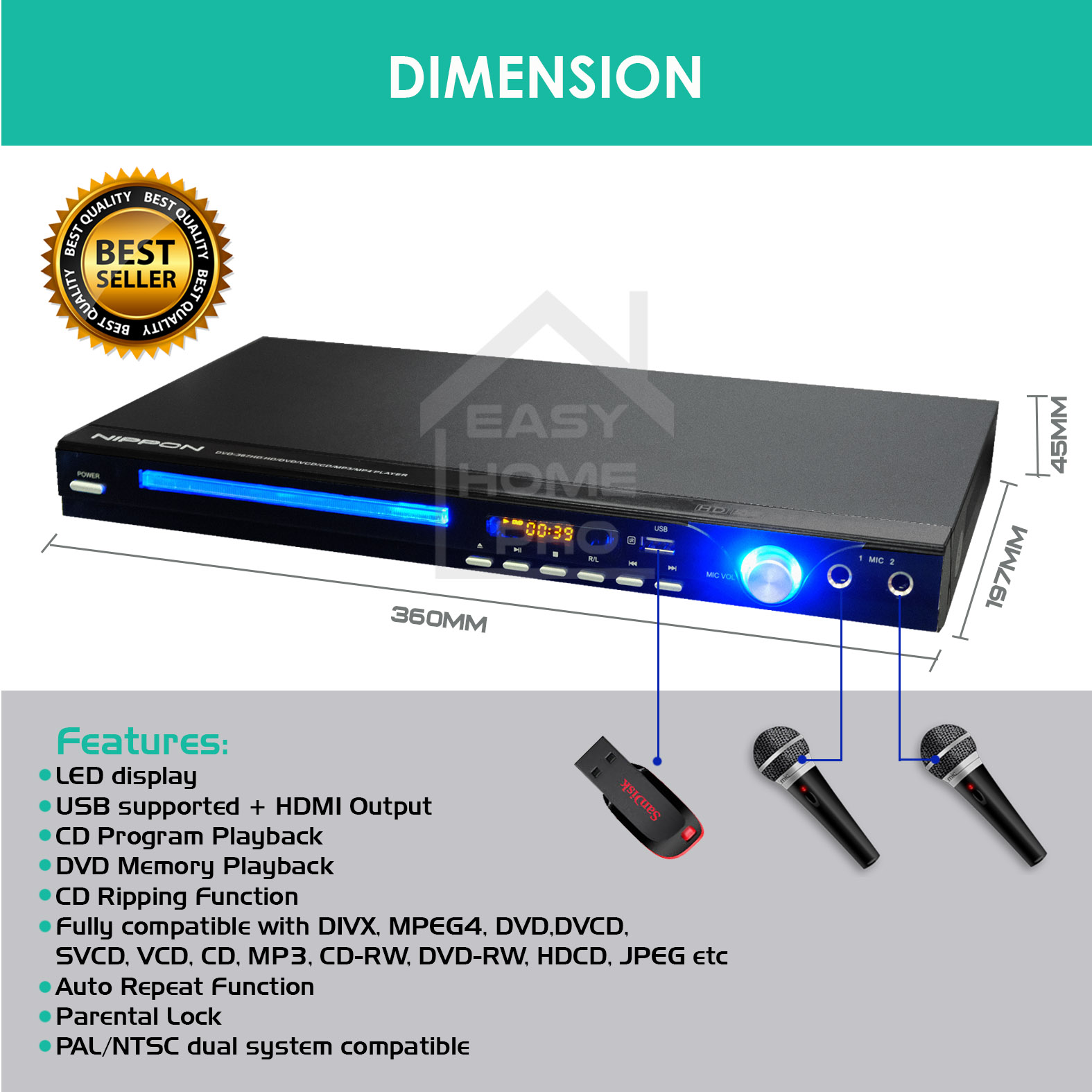 NIPPON DVD-367HD/DVD-227/DVD-226 DVD Player With DVD/CD/MP4/MP3/Karaoke ...