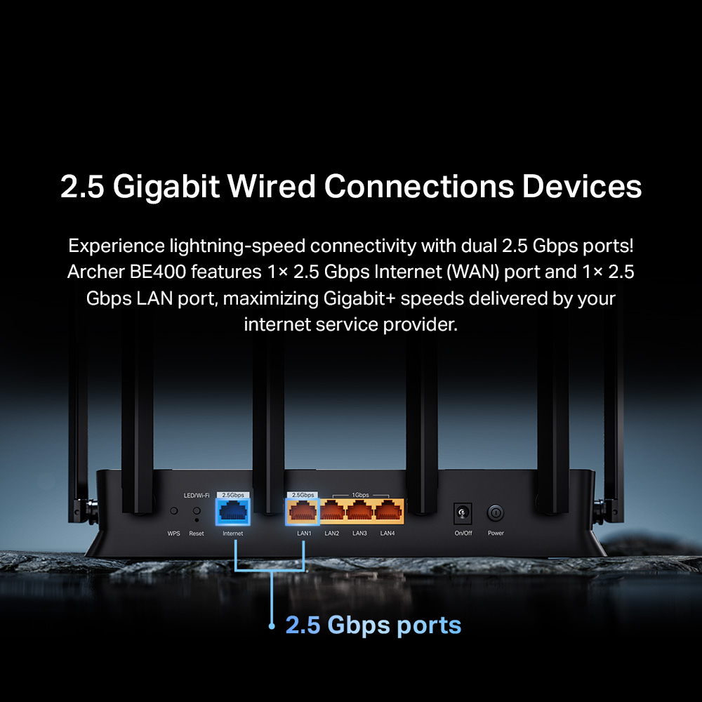 TP-Link Archer BE400 WiFi 7 BE6500 Dual Band Router Dual 2x 2.5G + 3x ...