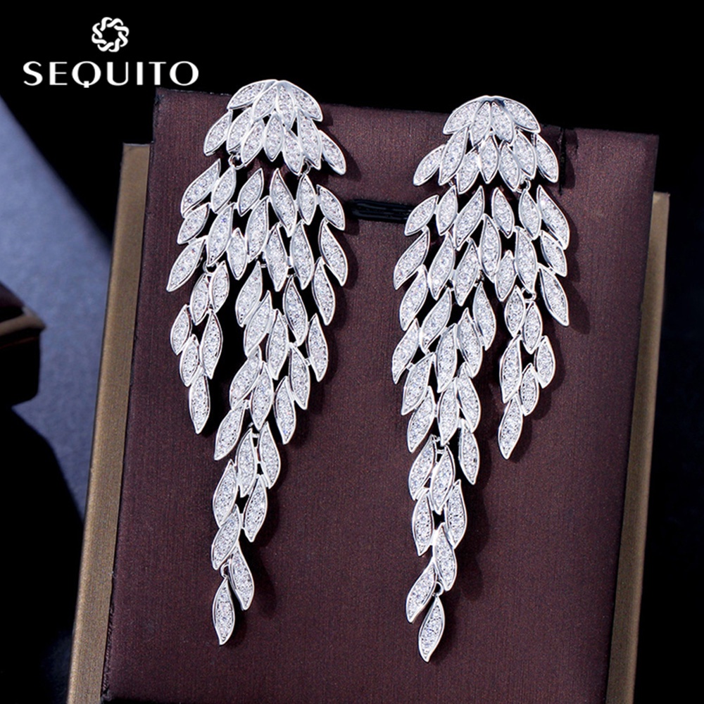 SEQUITO Gorgeous Super Long Feather Dangle Drop Earrings Pave AAA Cubic ...