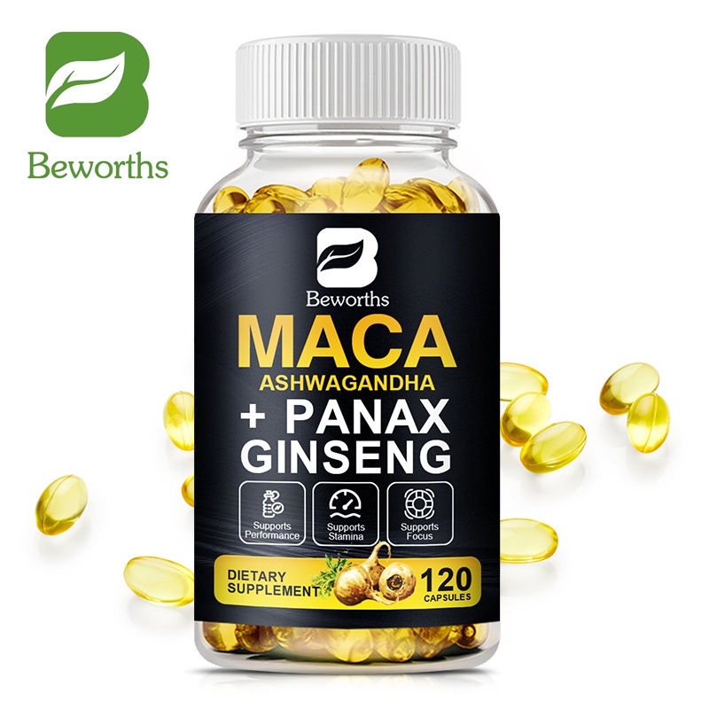 BEWORTHS Maca Root Capsules with Ashwagandha Root & Korean Panax Ginseng for Natural Energy ...