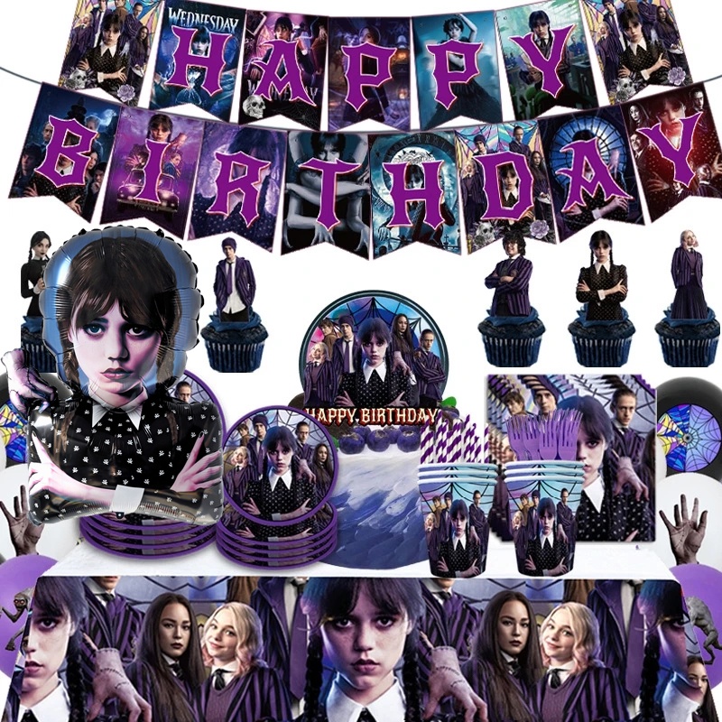 Wednesday Addams Birthday Theme Party Decor Tableware Banner Paper ...